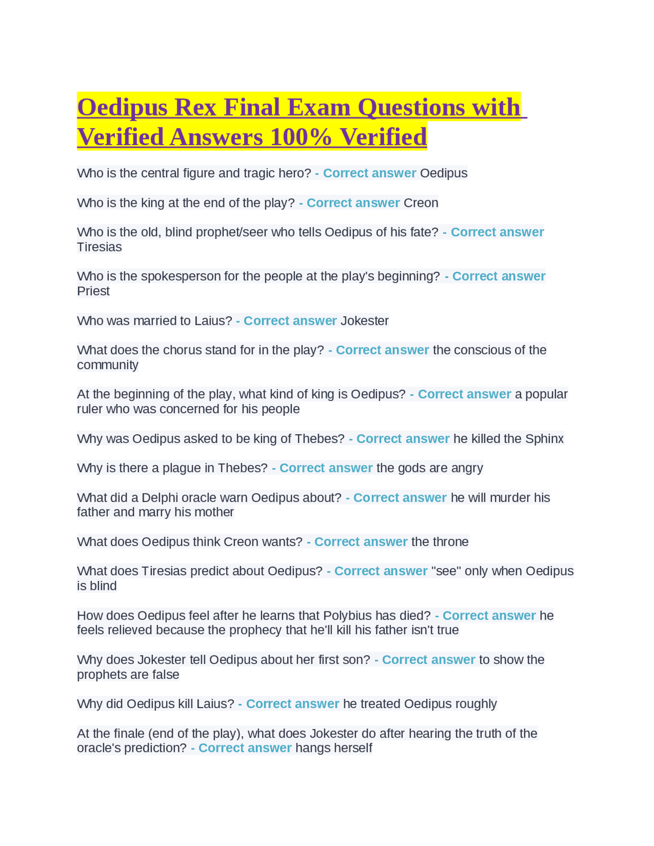 Oedipus Rex Final Exam Questions with Verified Answers 100% Verified ...