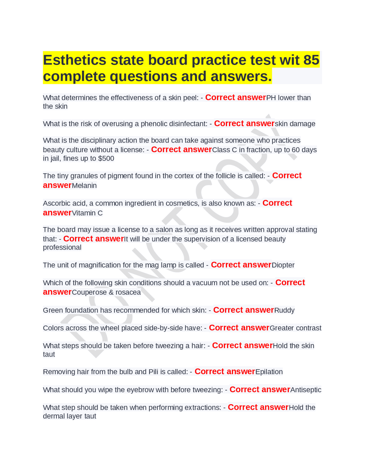 Esthetician Practice Test with 85 Questions and Answers | Exams Nursing ...