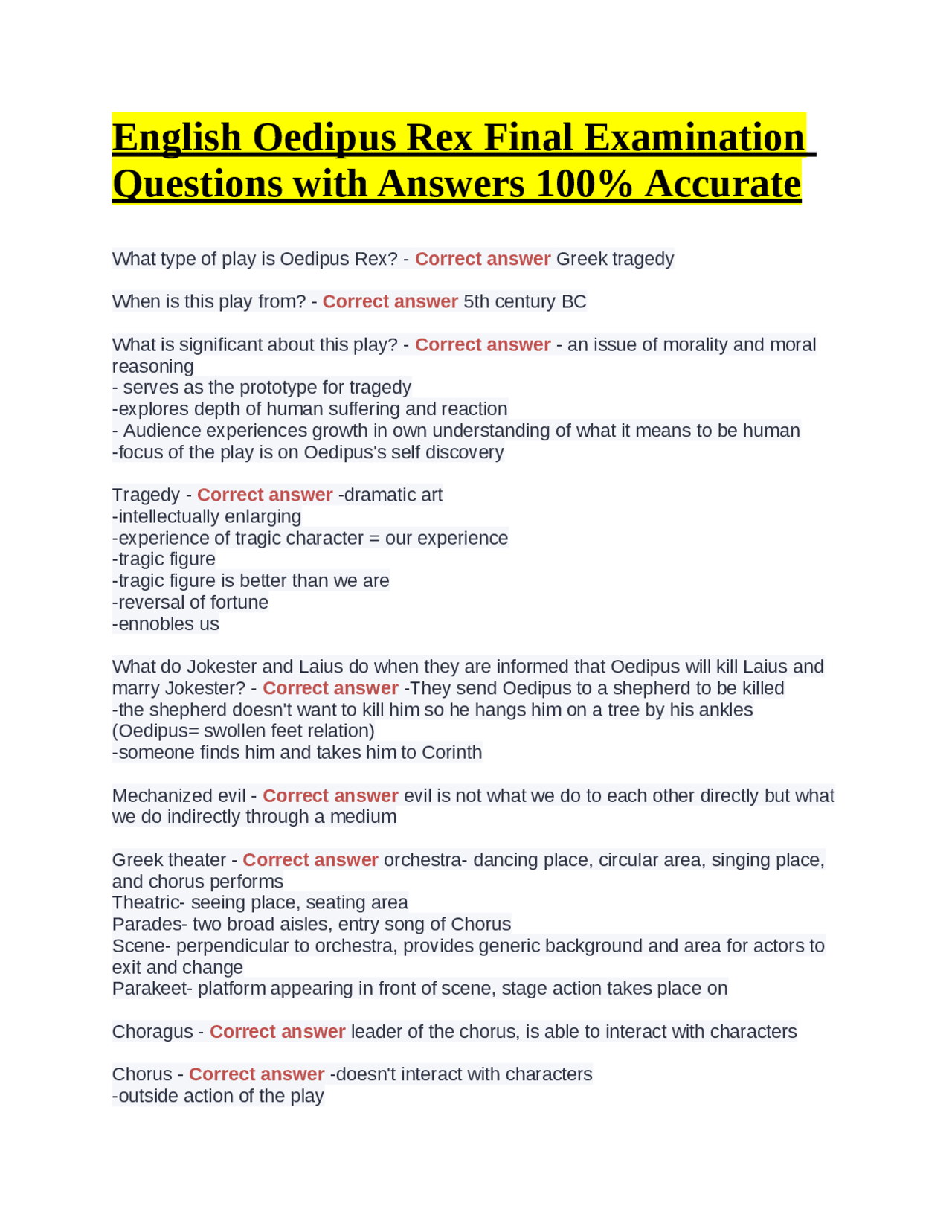 English Oedipus Rex Final Examination Questions with Answers 100% ...
