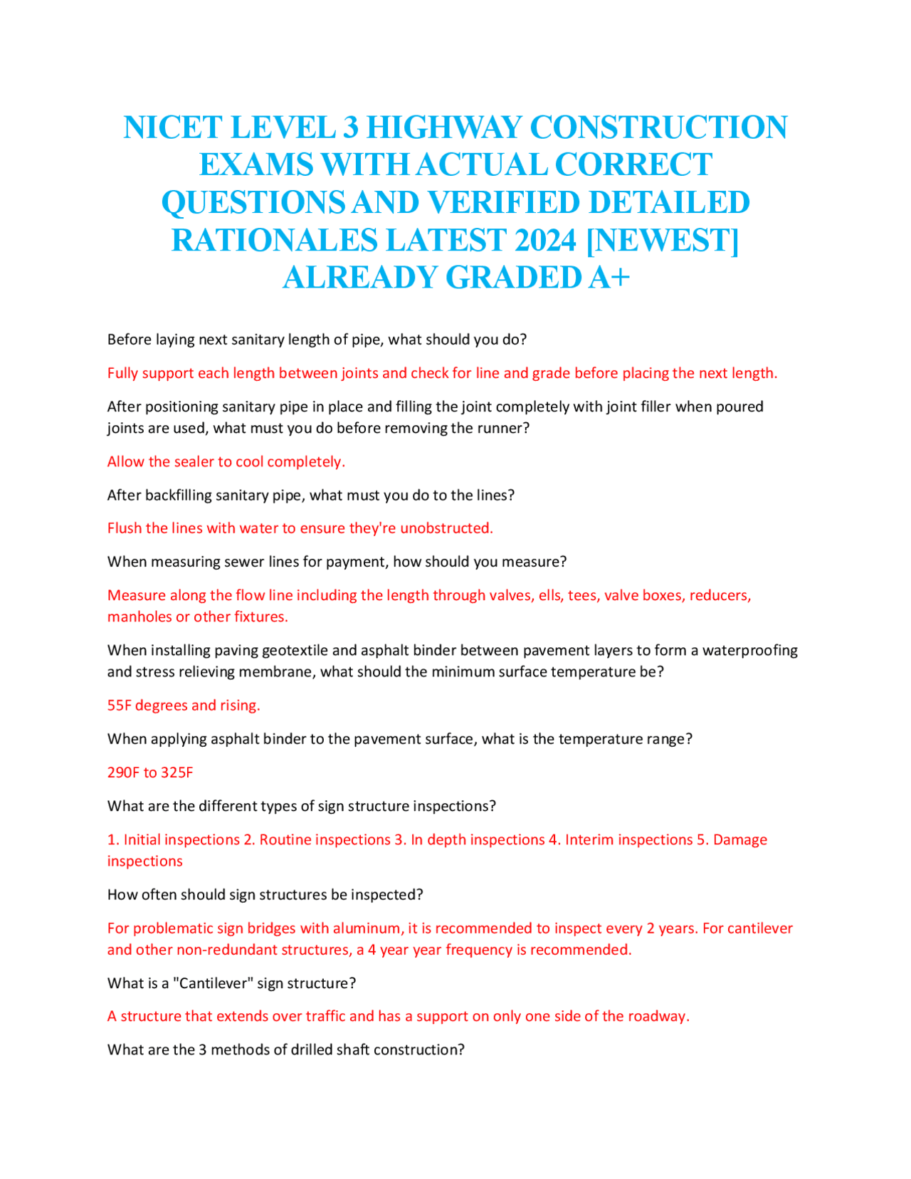 NICET LEVEL 3 HIGHWAY CONSTRUCTION EXAMS | Exams Nursing | Docsity