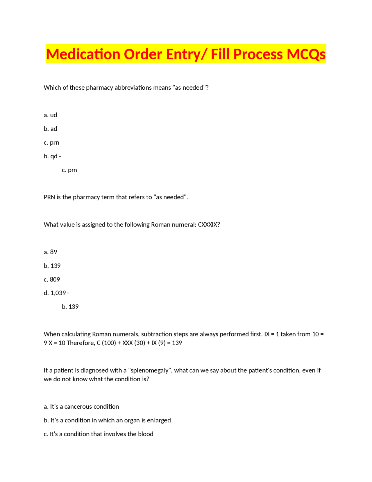 Pharmacy Medication Order Entry and Fill Process Multiple Choice ...