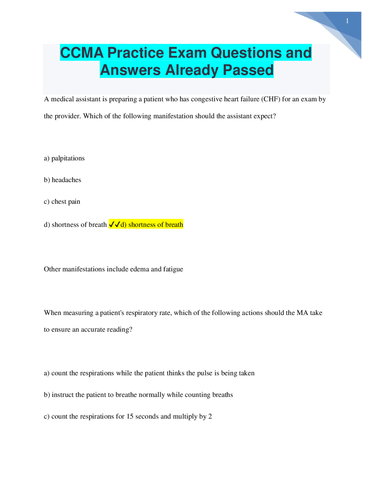 CCMA Practice Exam Questions and Answers Already Passed Rated A+ ...