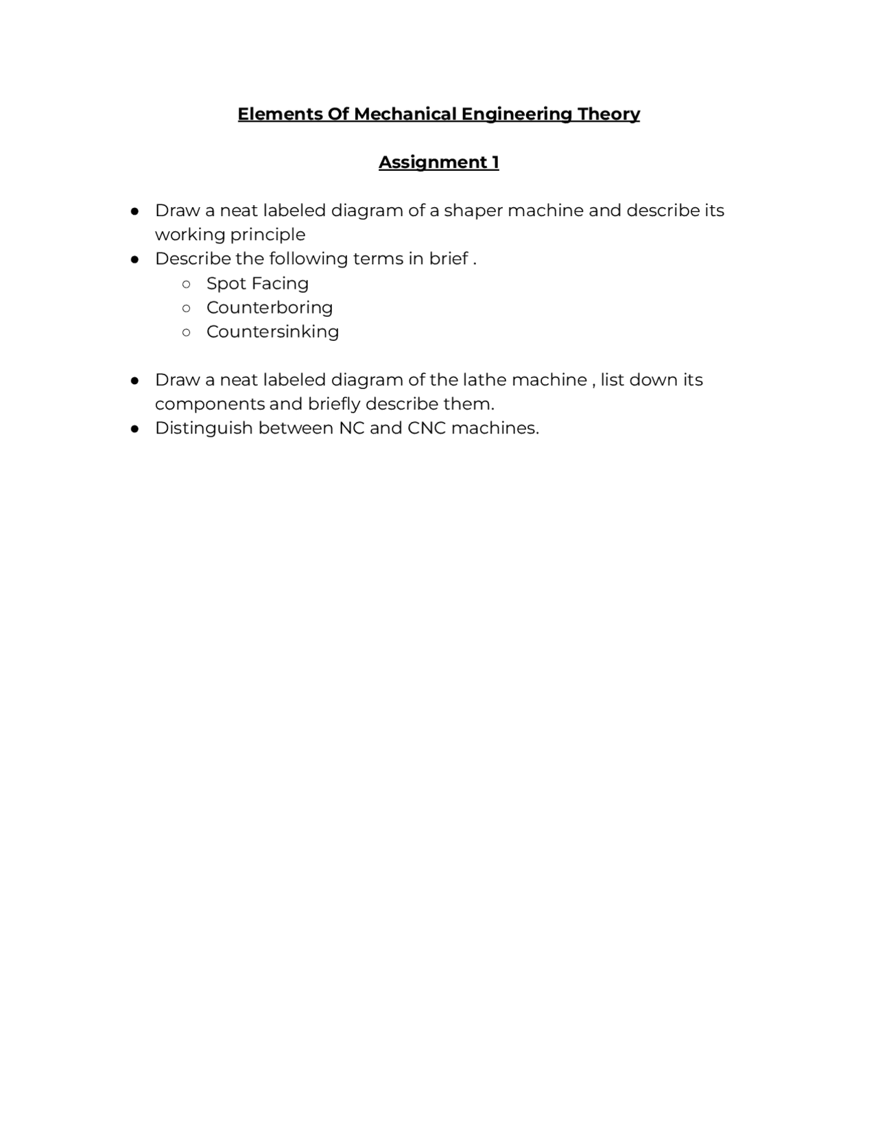 Elements Of Mechanical Engineering Theory Assignment | Assignments Mechanical Engineering | Docsity