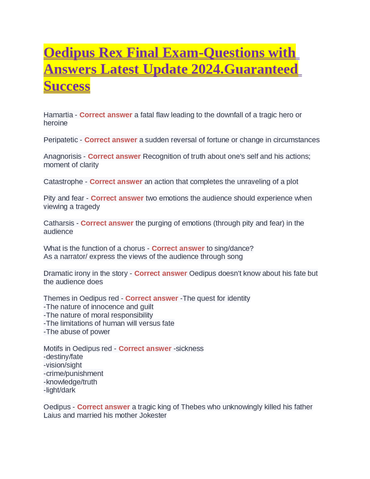 Oedipus Rex Exam Questions and Answers 2024 | Exams Nursing | Docsity