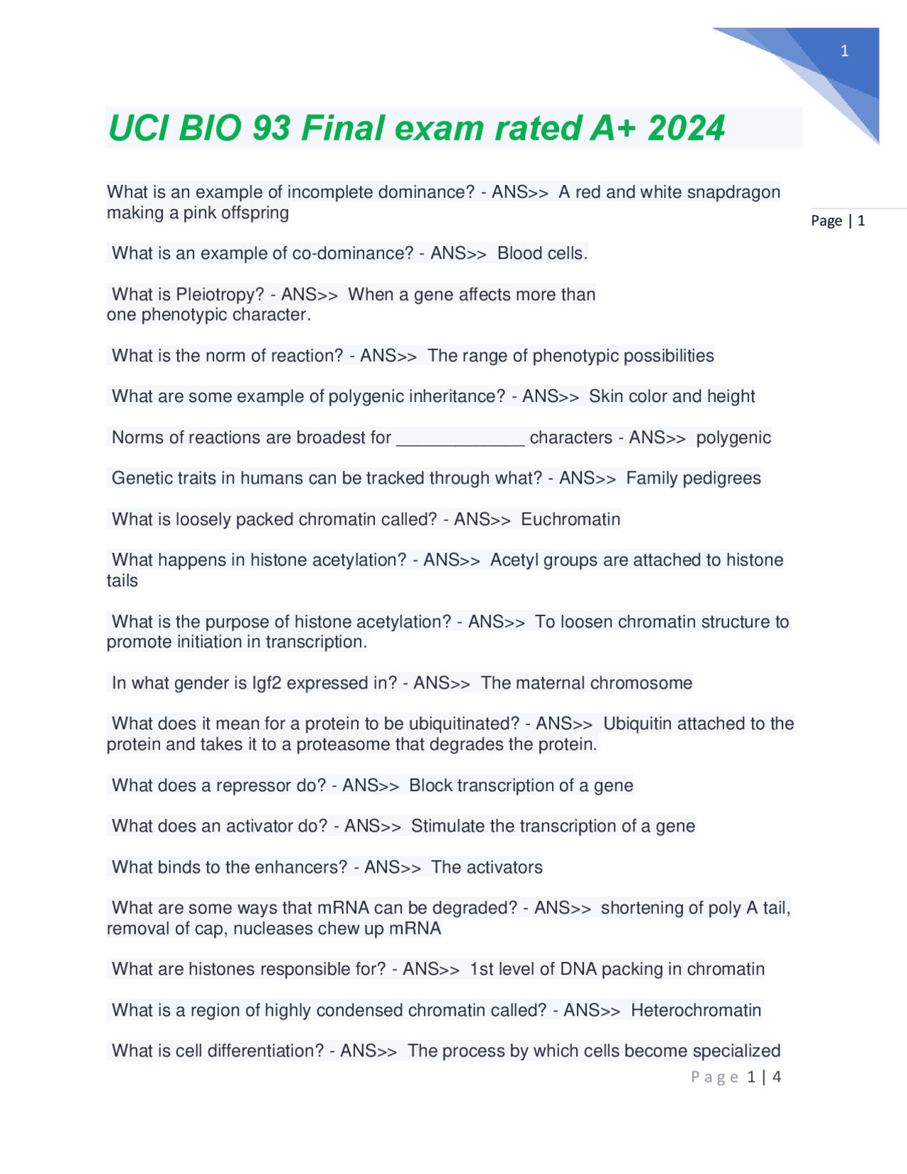 Biology Final Exam Questions and Answers | Exams Biology | Docsity