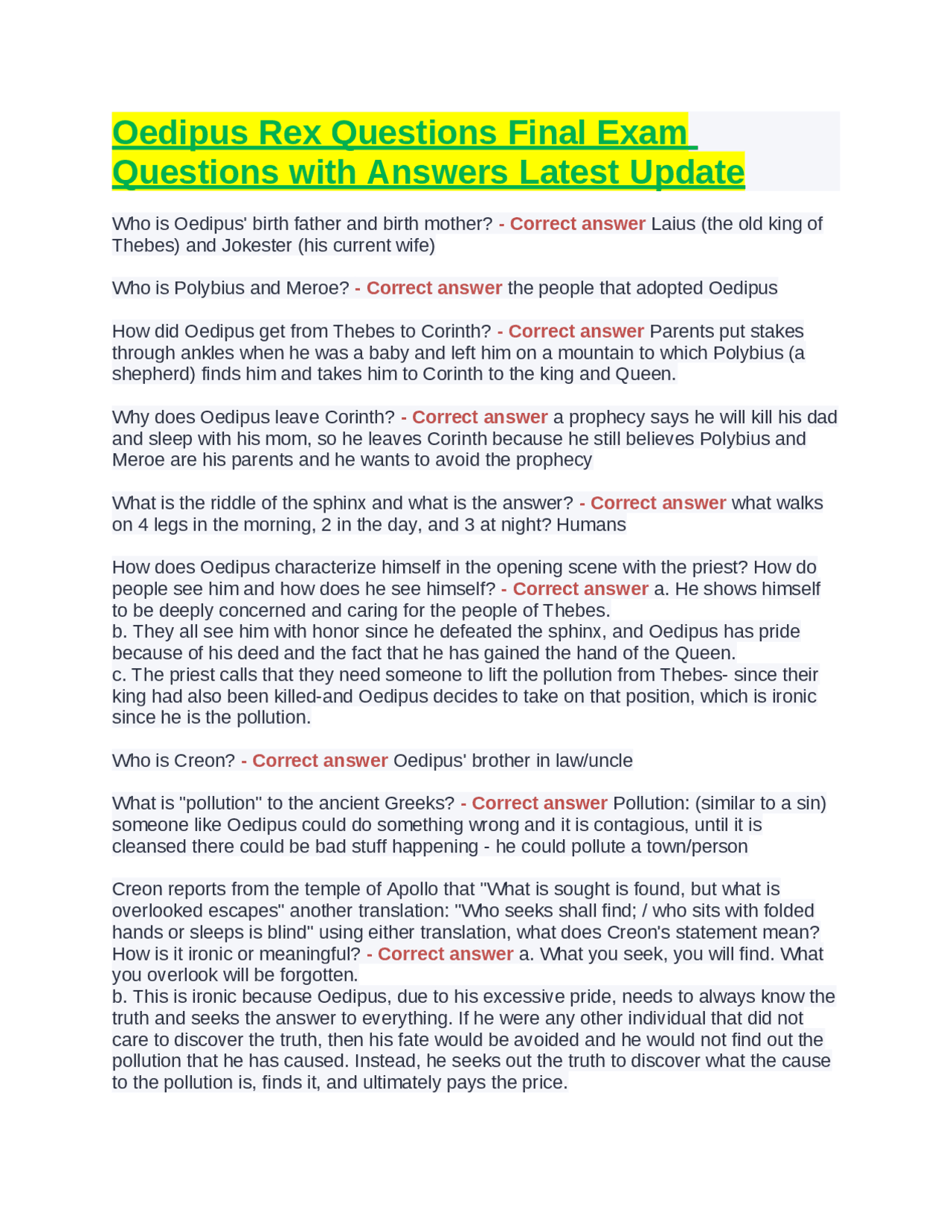 Oedipus Rex Questions Final Exam Questions with Answers Latest Update ...