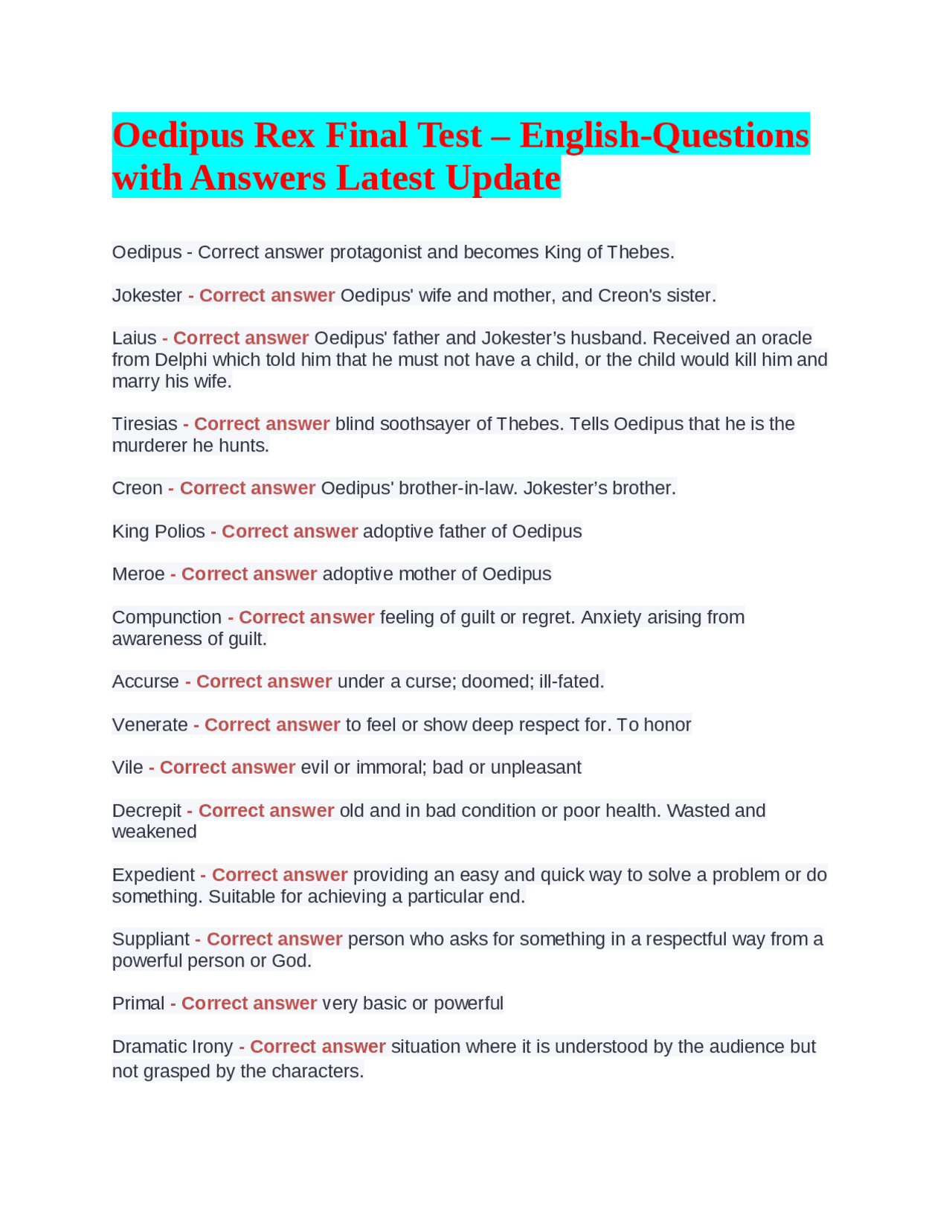 Oedipus Rex Final Test – English-Questions with Answers Latest Update ...