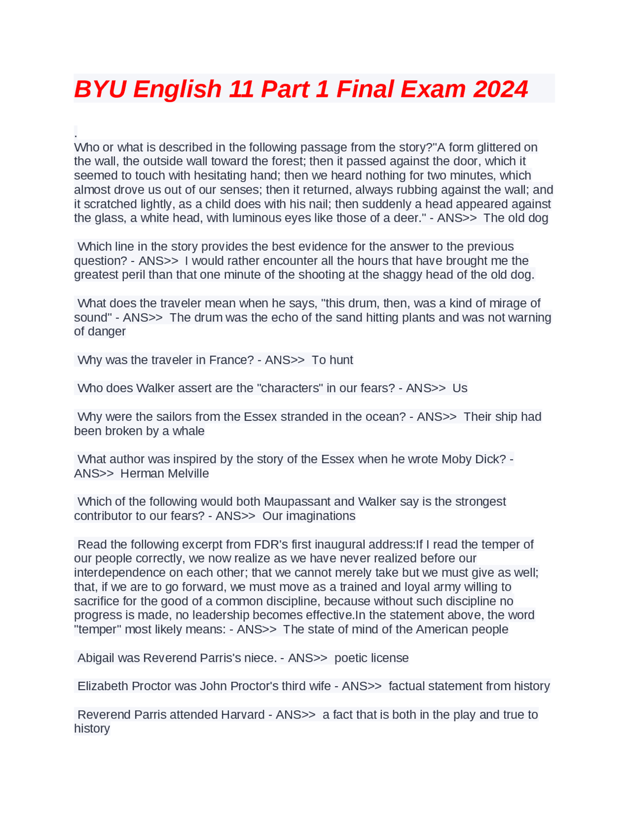 BYU English 11 Part 1 Final Exam 2024. | Exams English Language | Docsity