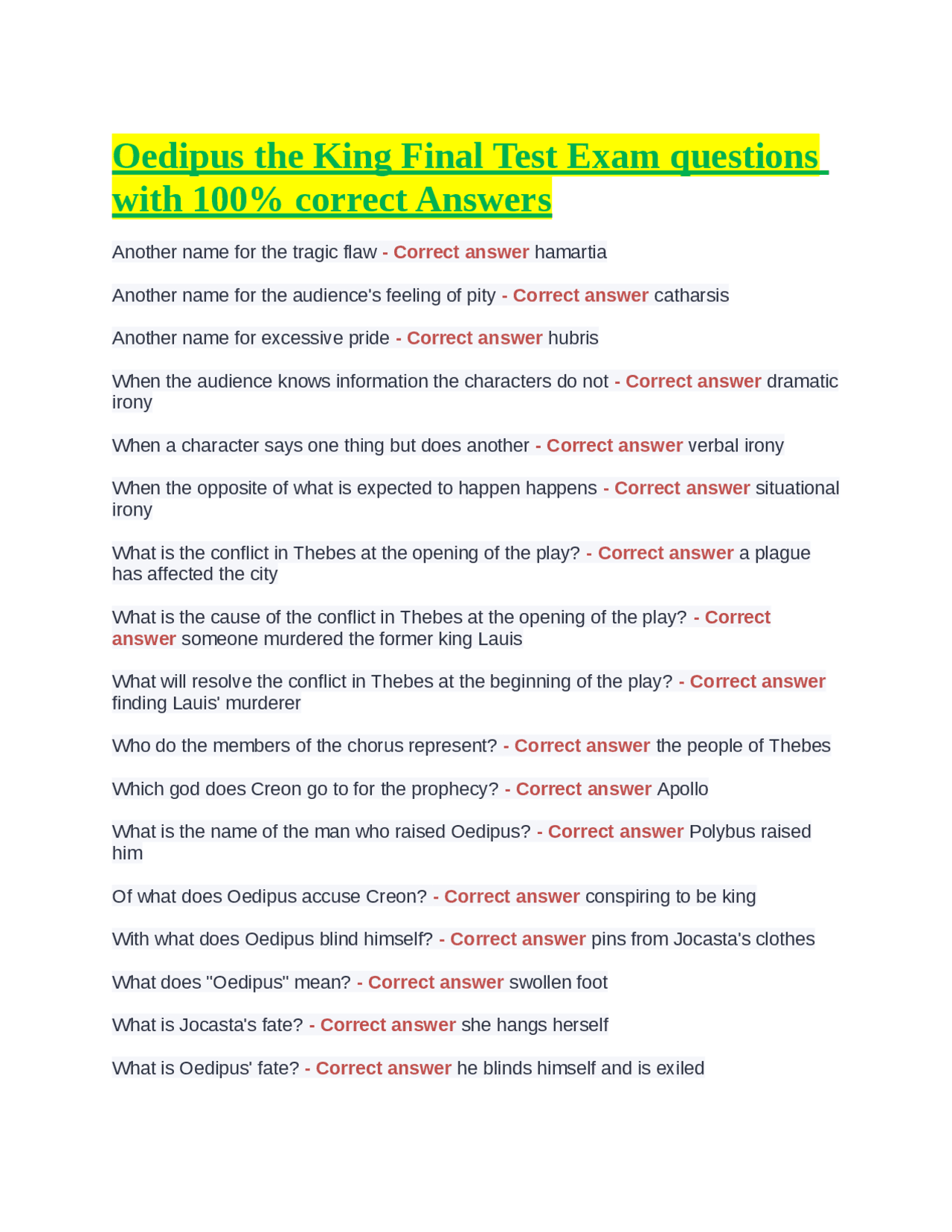 Oedipus the King Final Test Exam questions with 100% correct Answers ...