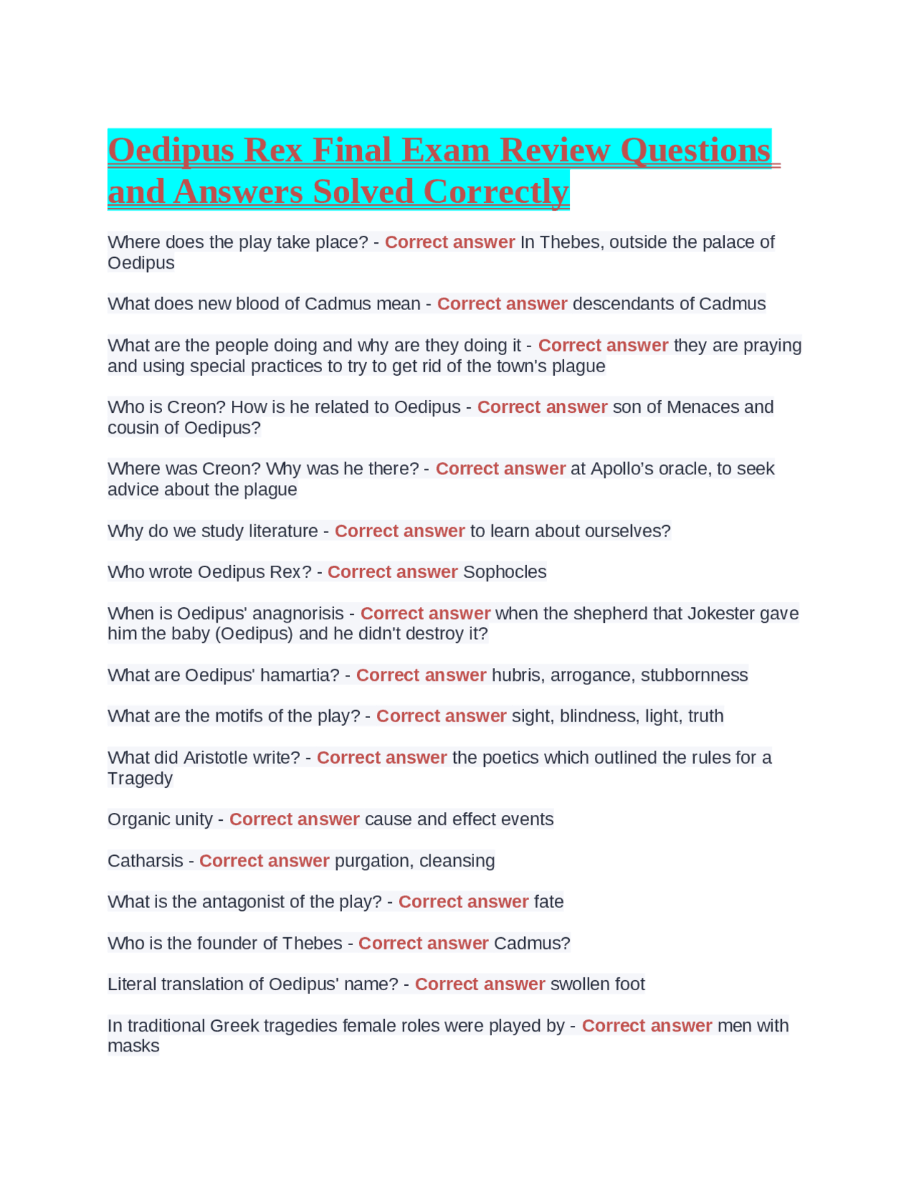 Oedipus Rex Final Exam Review Questions and Answers Solved Correctly ...