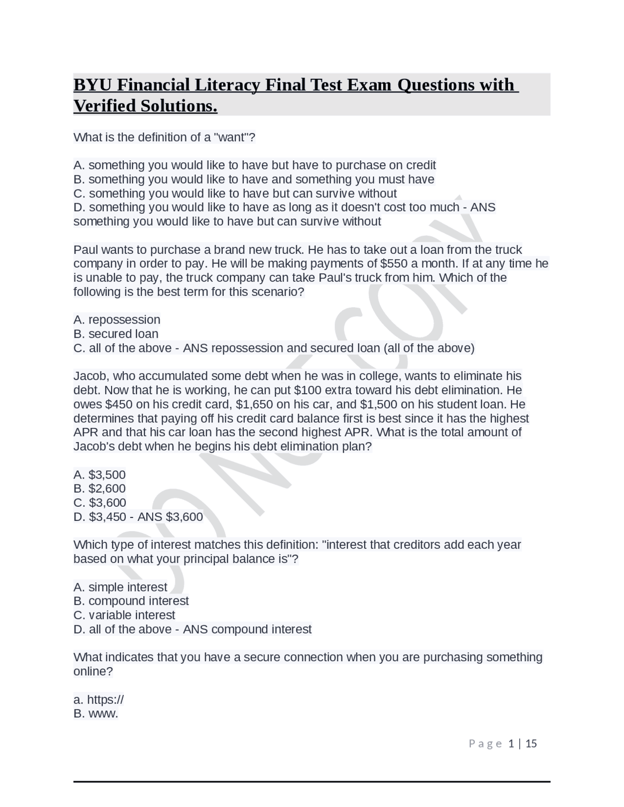 BYU Financial Literacy Final Test Exam Questions with Verified ...