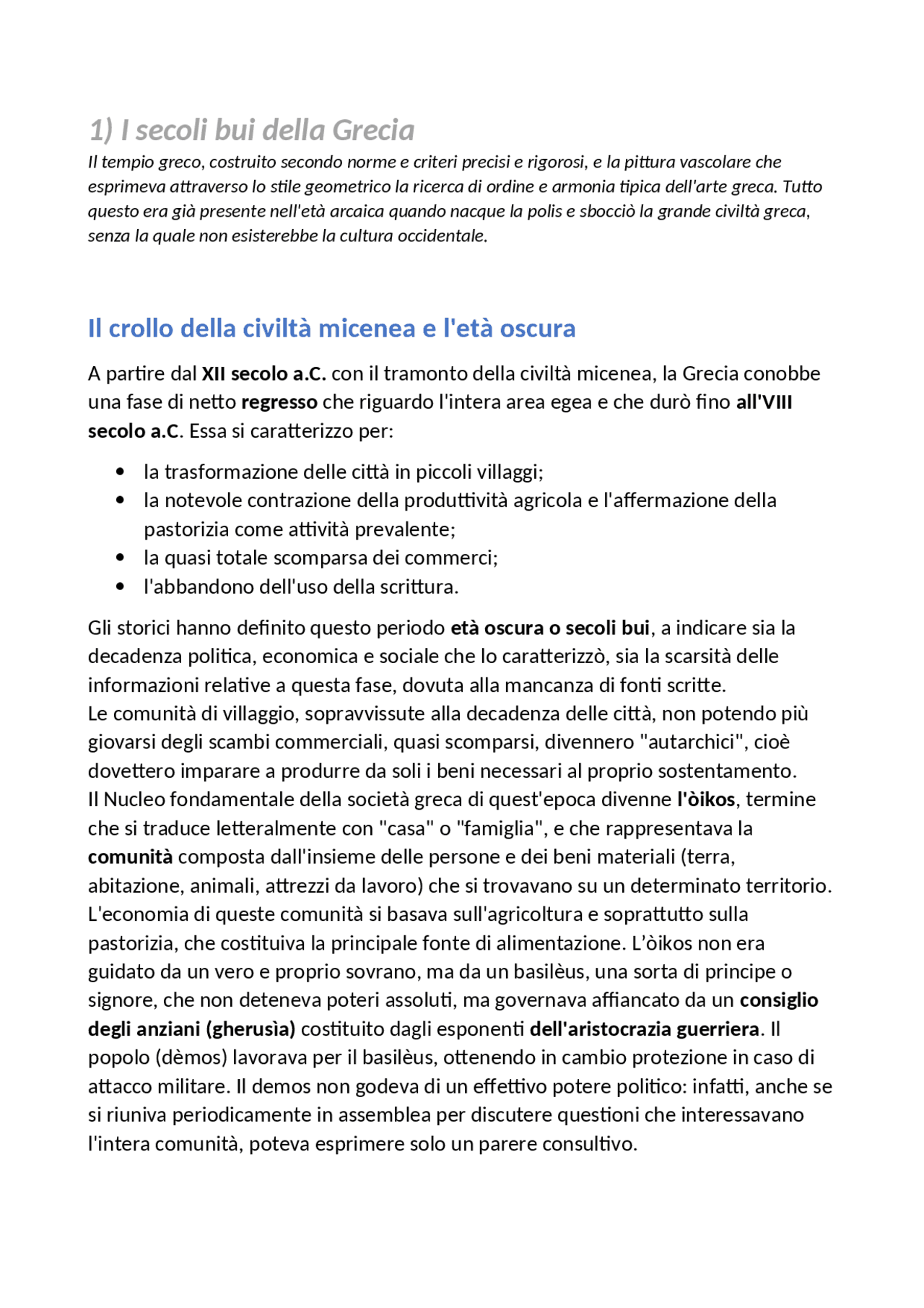 I secoli buii della Grecia e le Polis | Appunti di Storia | Docsity