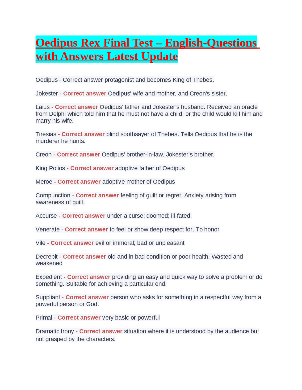 Oedipus Rex Final Test – English-Questions with Answers Latest Update ...