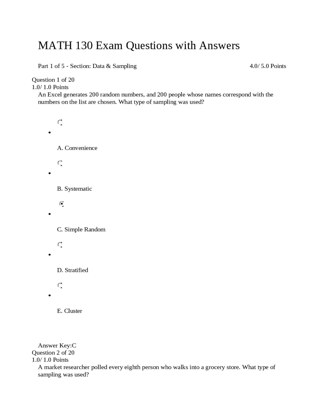 MATH 130 Exam: Data, Sampling, Statistics, Probability, Key Terms ...