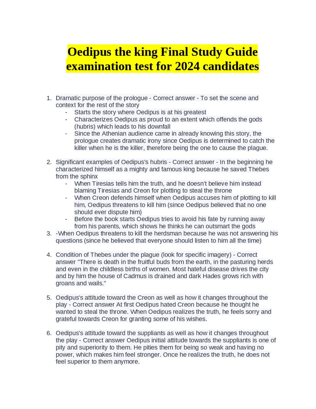 Oedipus the king Final Study Guide examination test for 2024 candidates ...