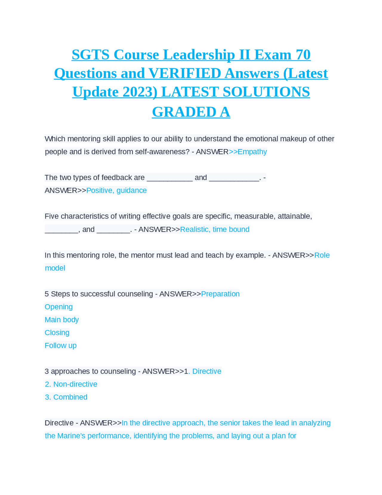 SGTS Course Leadership II Exam 70 Questions and VERIFIED Answers ...