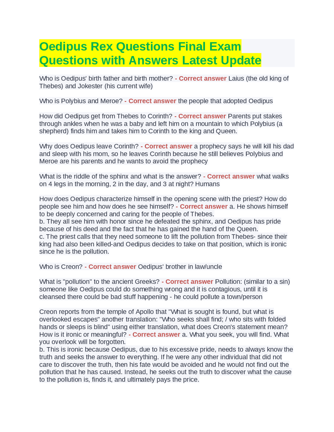 Oedipus Rex Exam Questions and Answers | Exams Nursing | Docsity