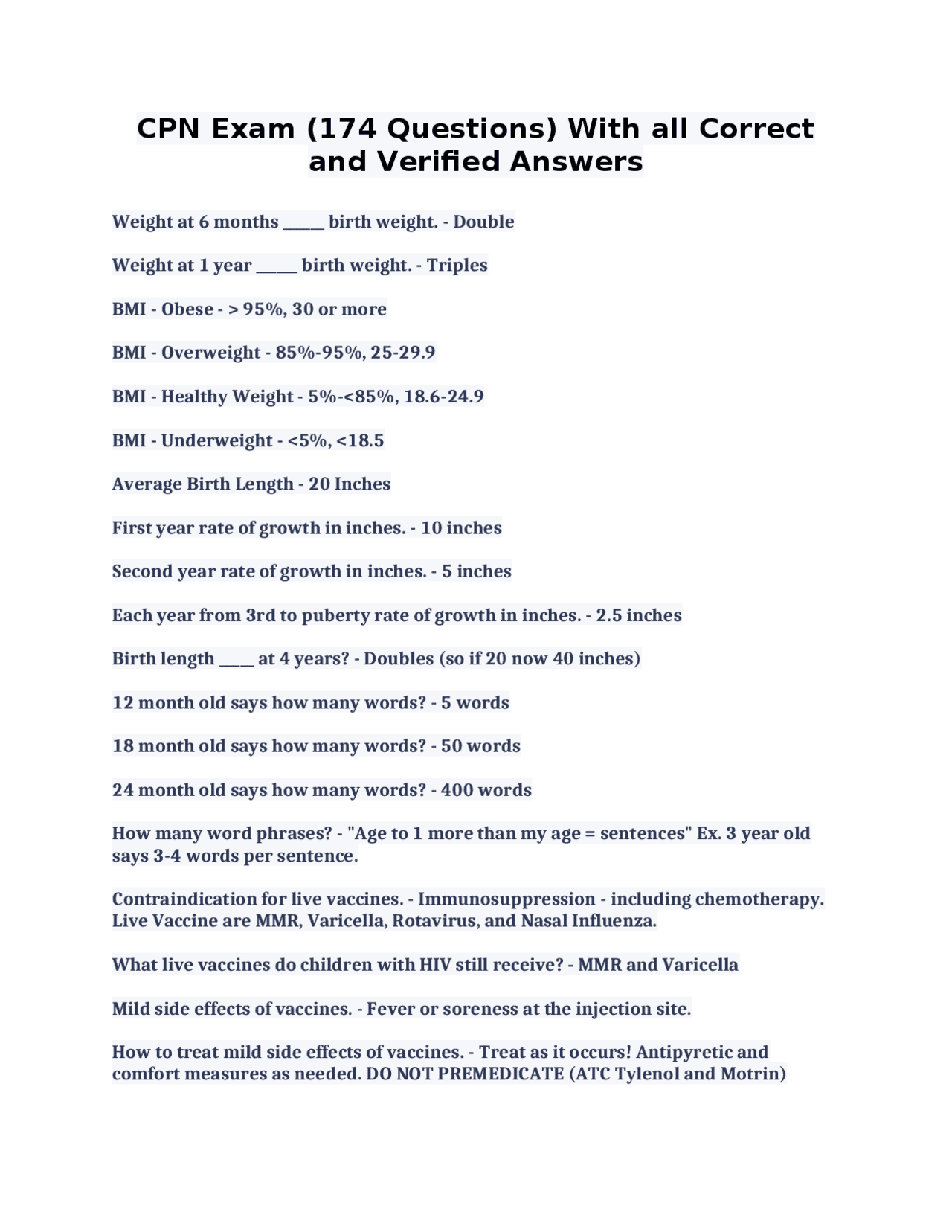 Cpn Exam 174 Questions With All Correct And Verified Answers Exams Nursing Docsity