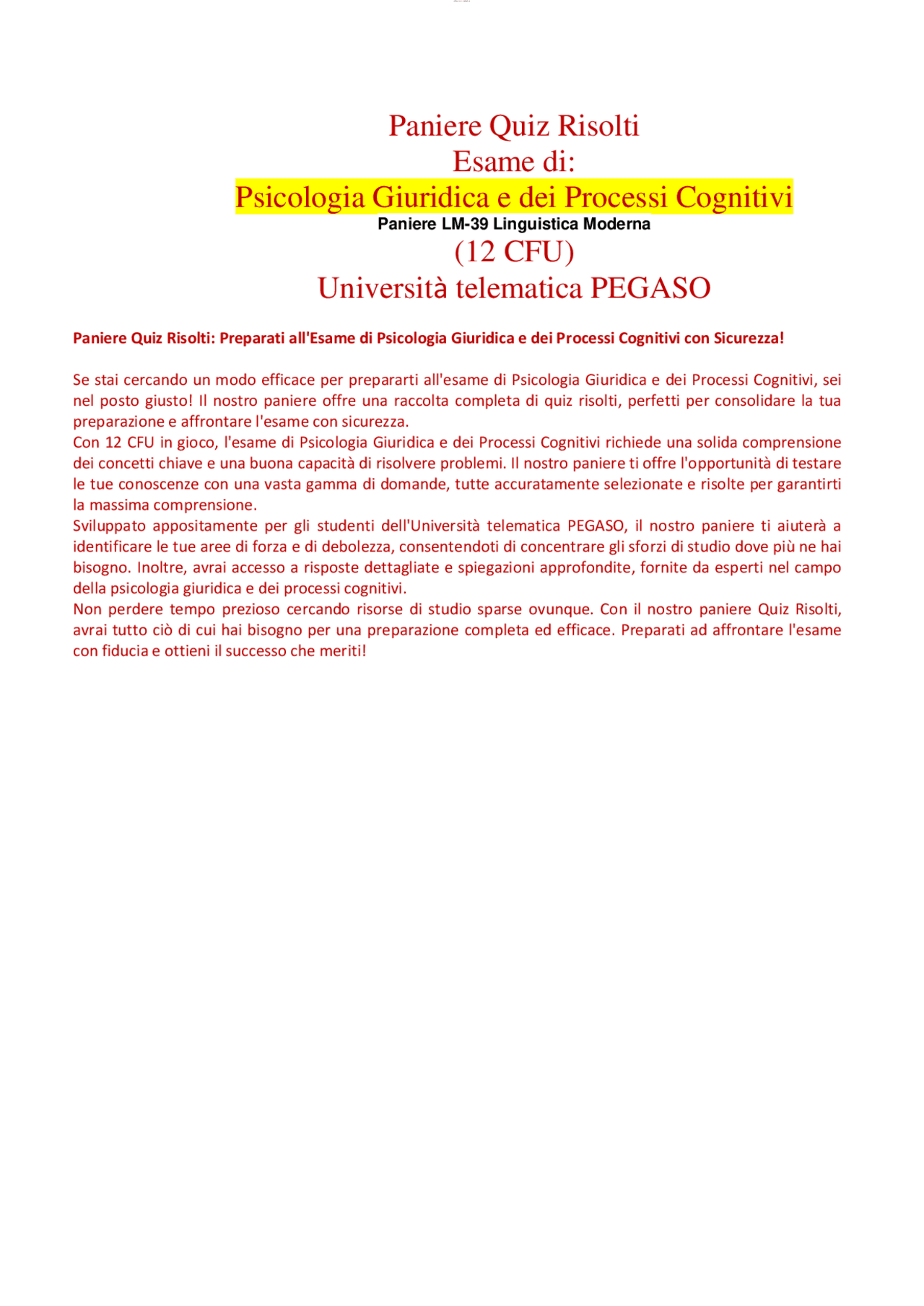 Paniere Quiz Risolti: Preparati all'Esame di Psicologia Giuridica e dei Processi Cognitivi ...