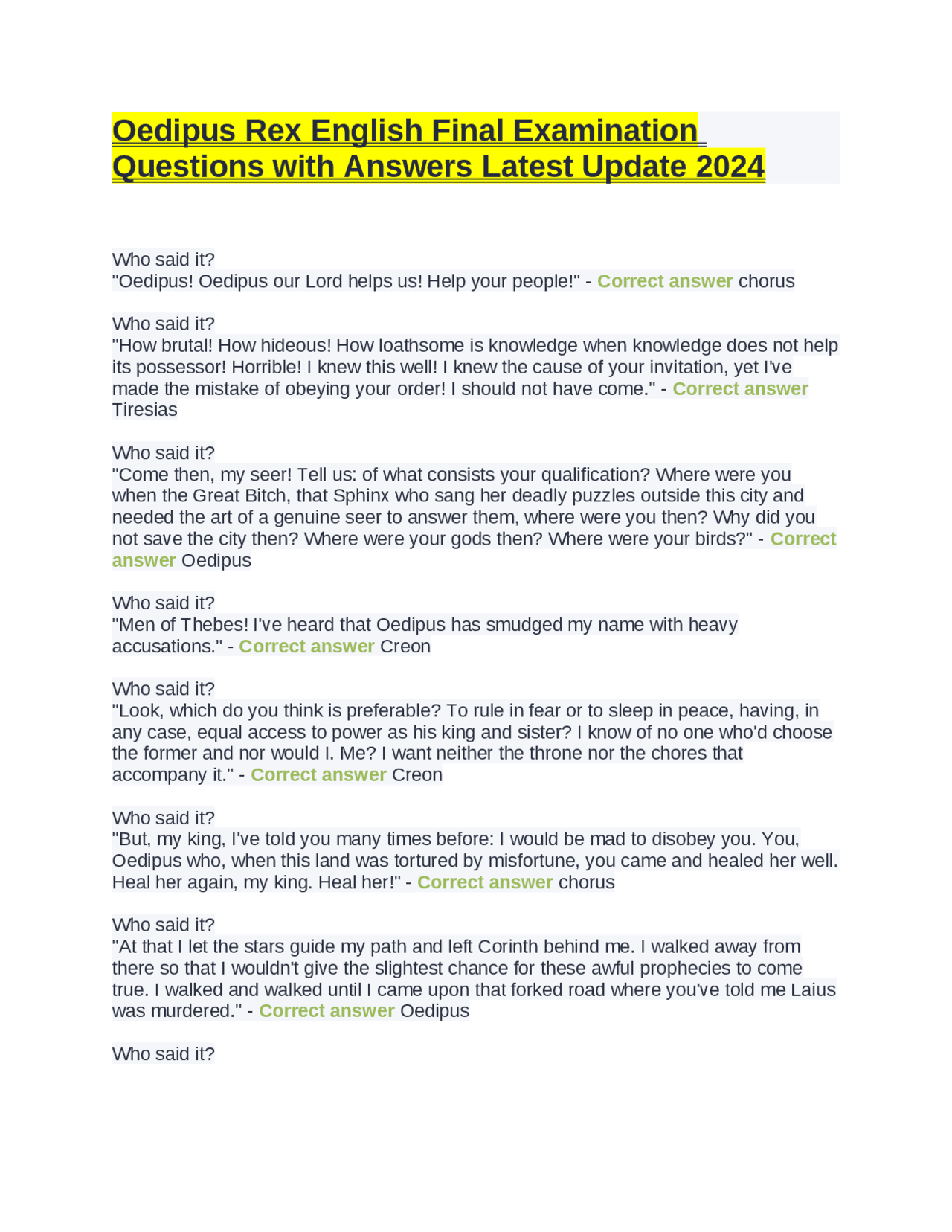 Oedipus Rex Examination Questions and Answers 2024 | Exams Nursing ...