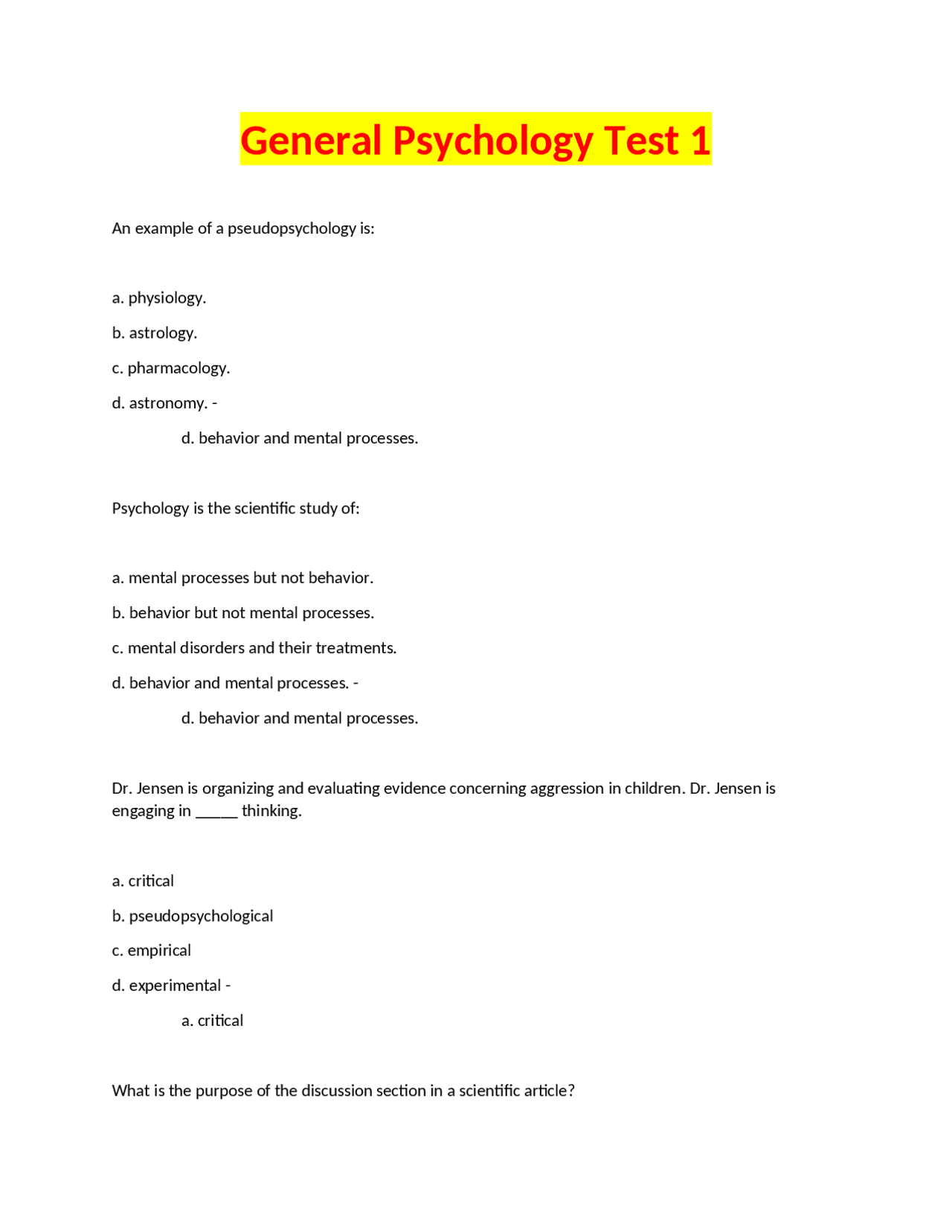 Psychology Test Questions: Understanding Behavior and Mental Processes ...