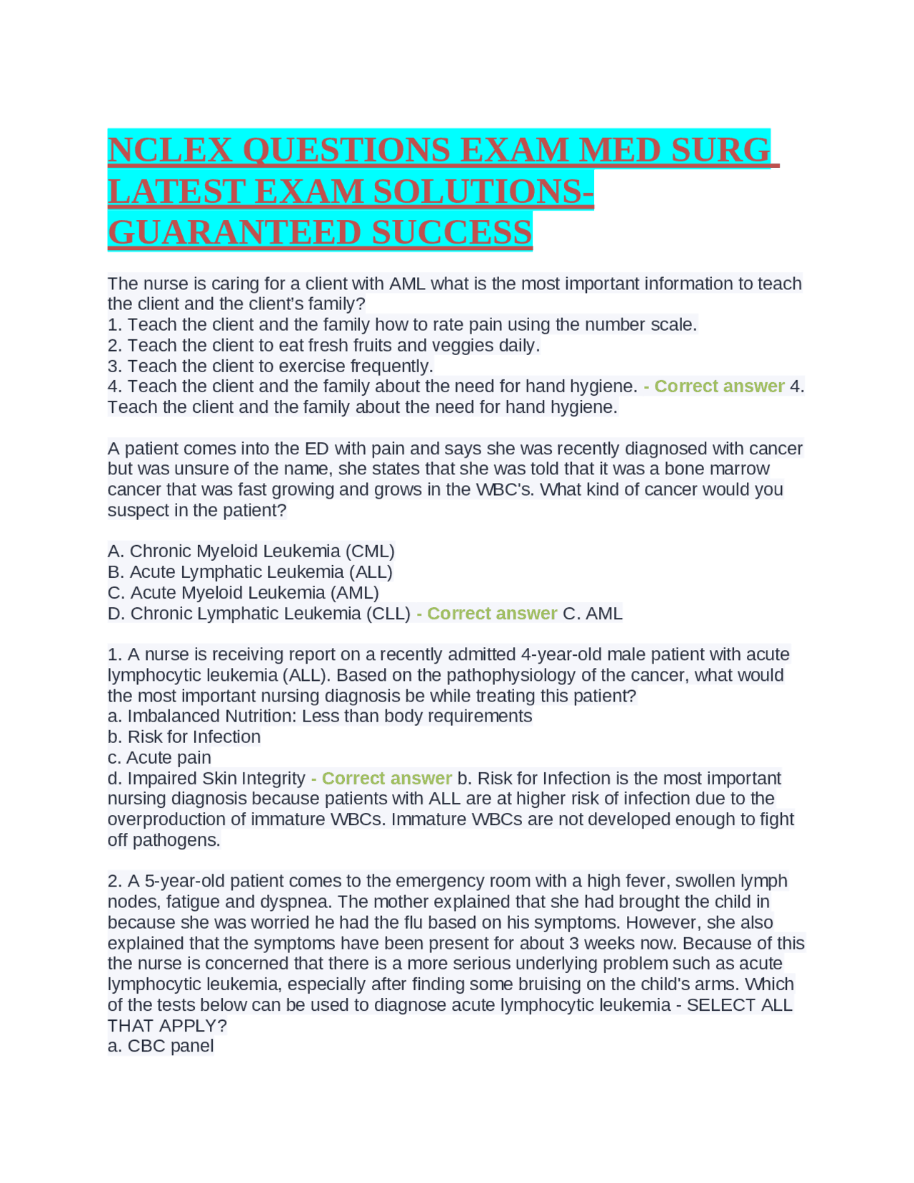 NCLEX Questions and Exam Solutions for Medical Surgical Nursing ...