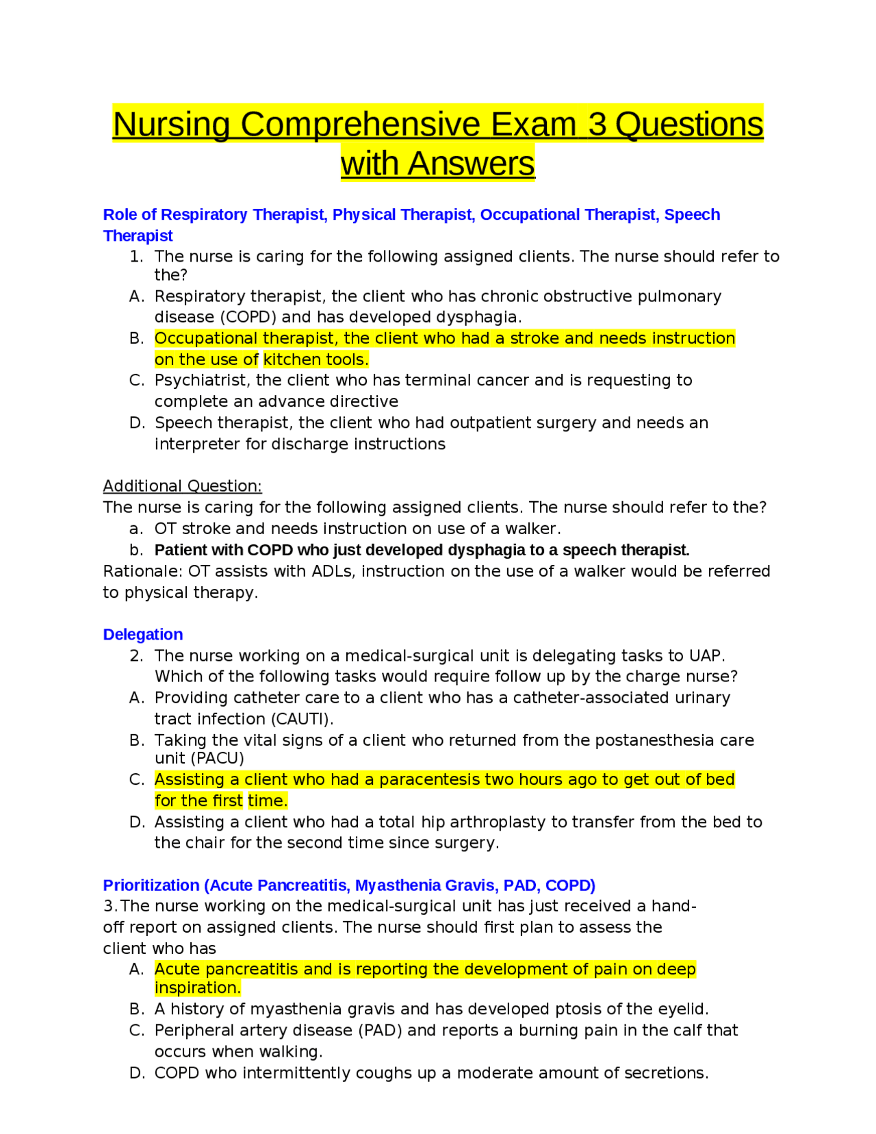 Nursing Scenarios: Prioritizing Client Needs and Interventions | Exams ...