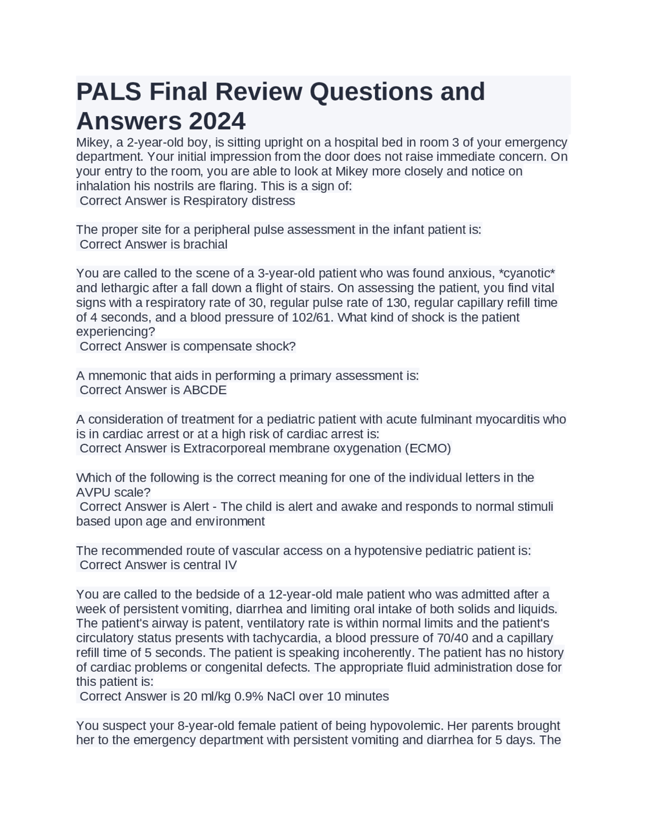 PALS Final Review Questions and Answers 2024 | Exams Nursing | Docsity