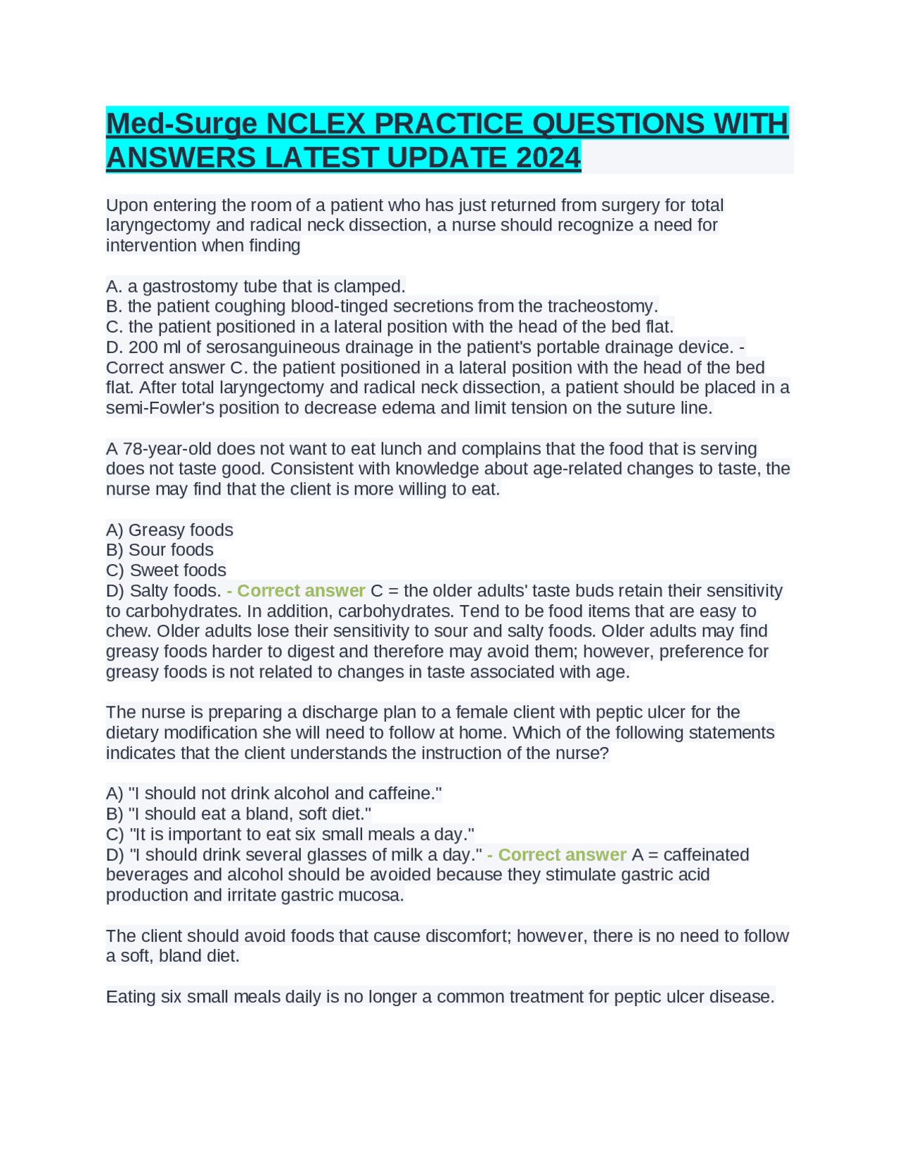 Med-Surge NCLEX PRACTICE QUESTIONS WITH ANSWERS LATEST UPDATE 2024 ...