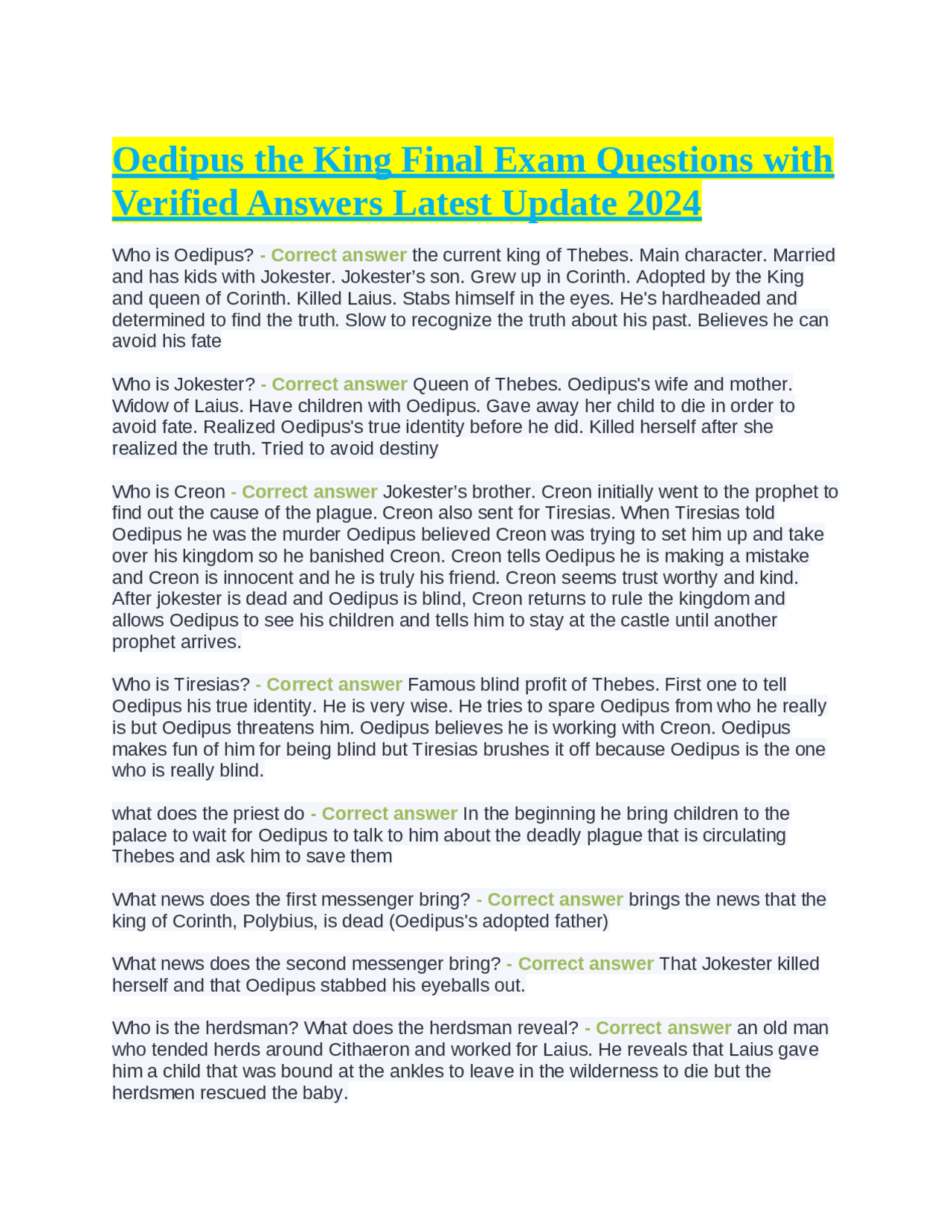 Oedipus the King Final Exam Questions with Verified Answers Latest ...
