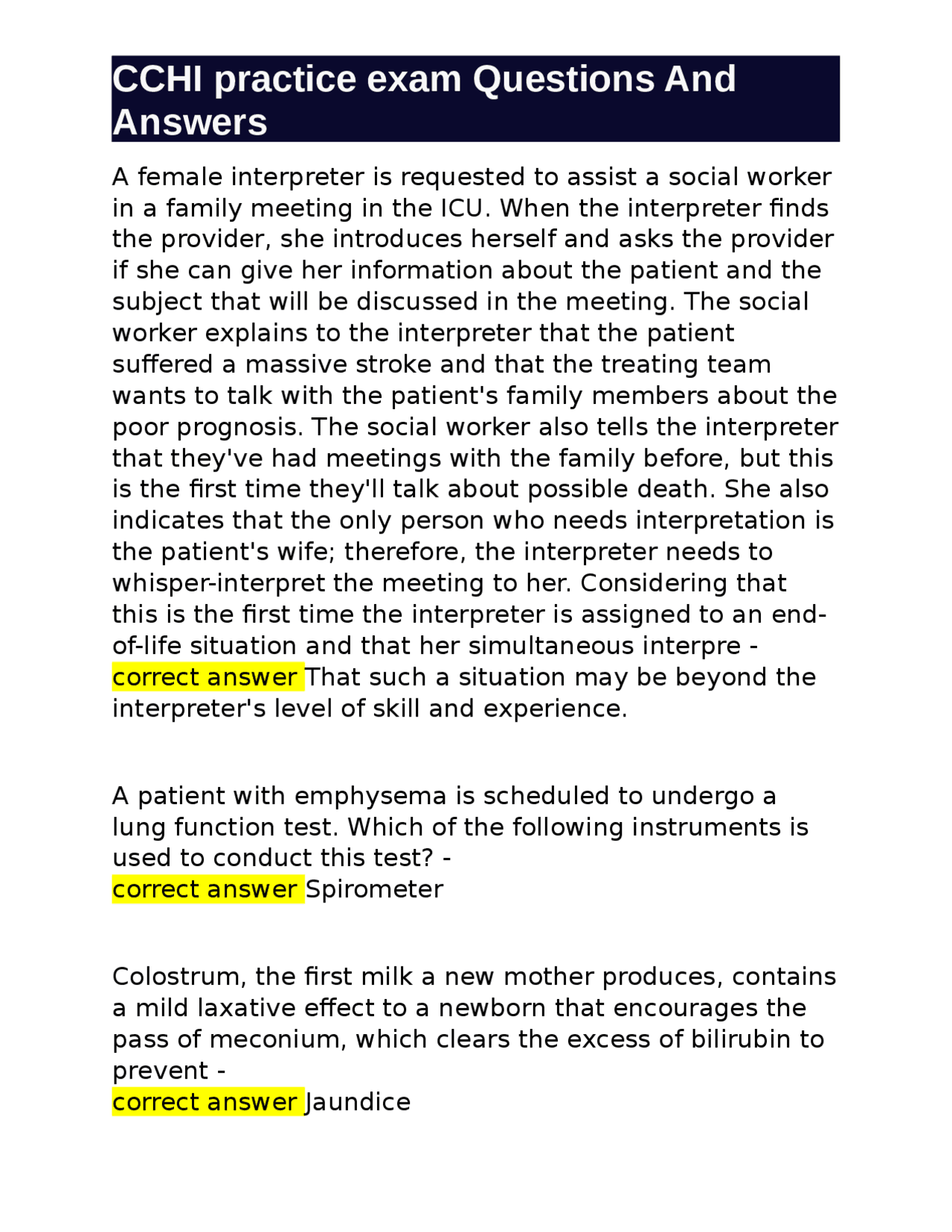 CCHI Practice Exam Questions and Answers | Exams Medicine | Docsity