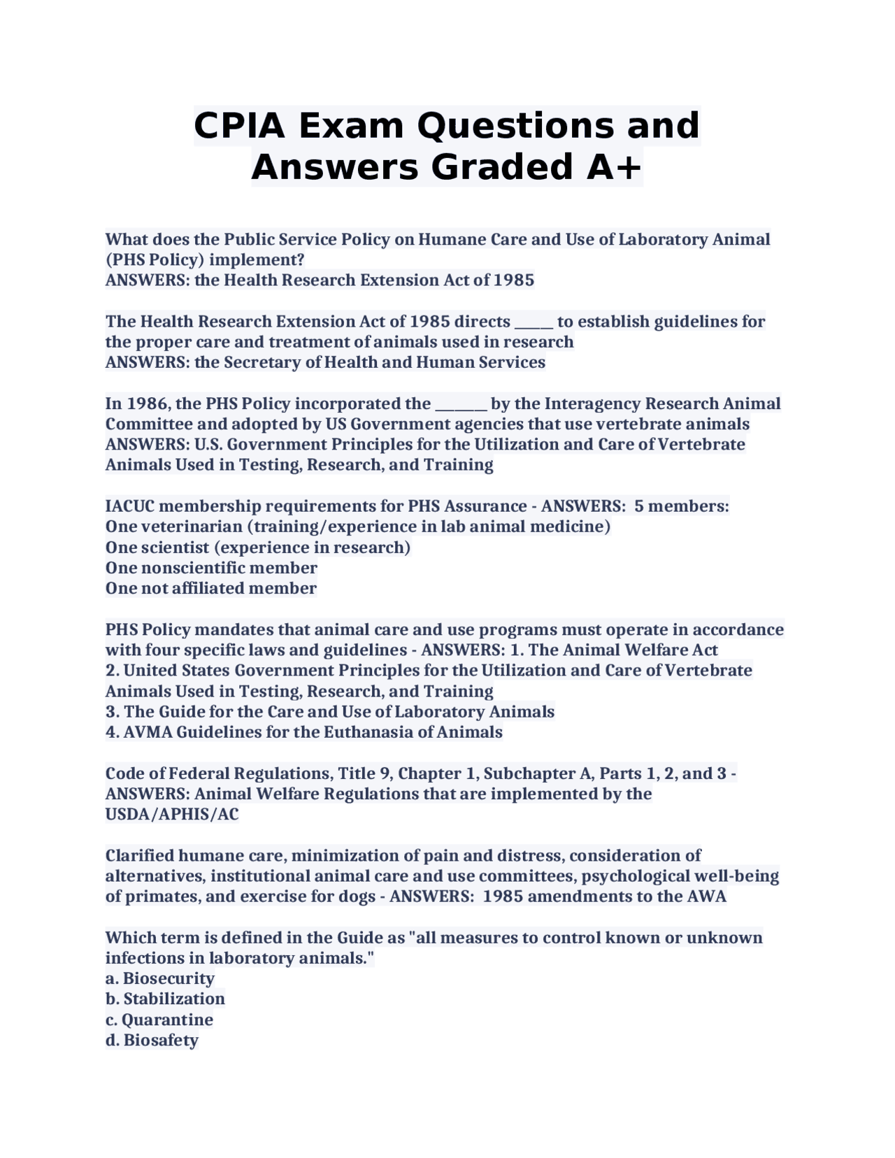 CPIA Exam Questions and Answers Graded A+ | Exams Public Health | Docsity