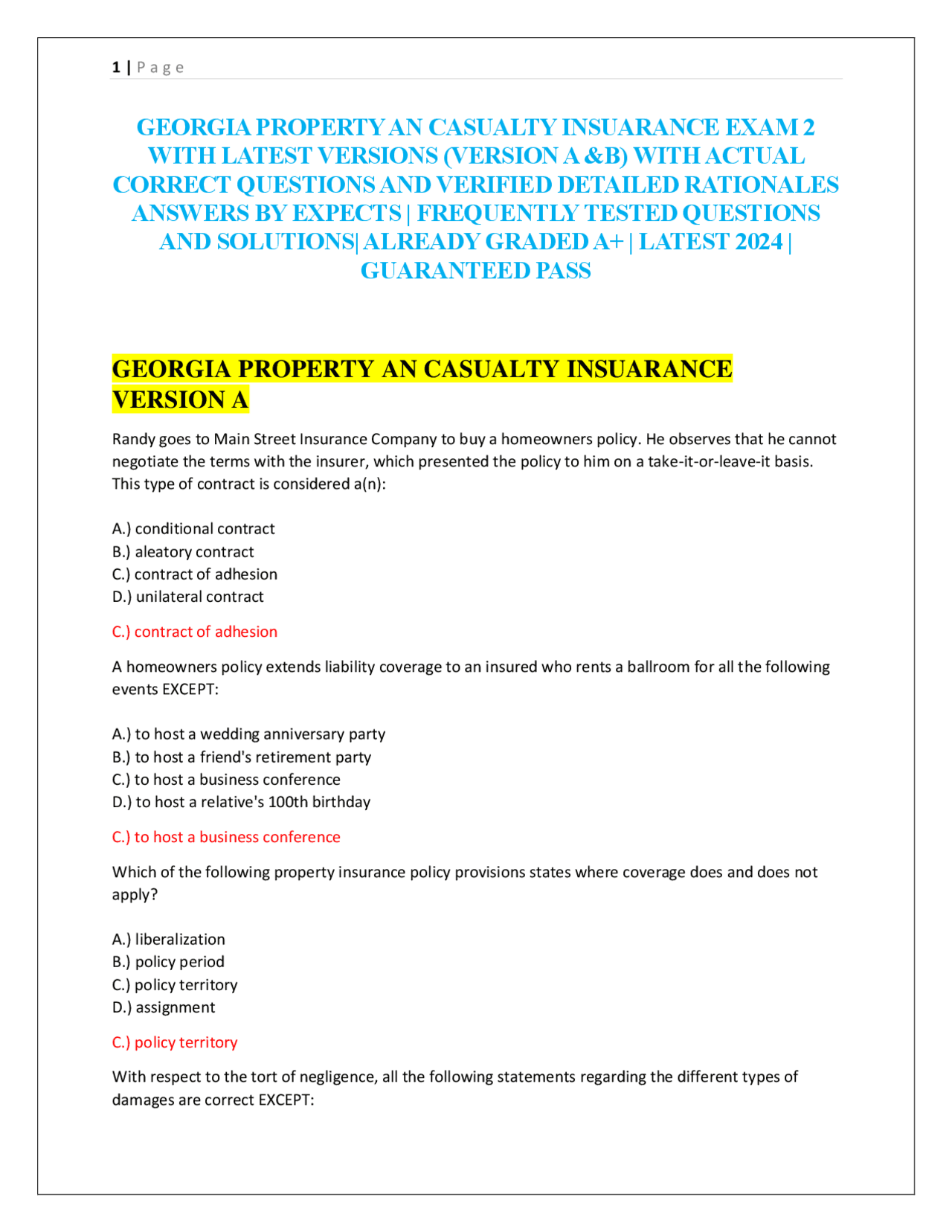 GEORGIA PROPERTY AN CASUALTY INSUARANCE EXAM 2 WITH LATEST VERSIONS ...