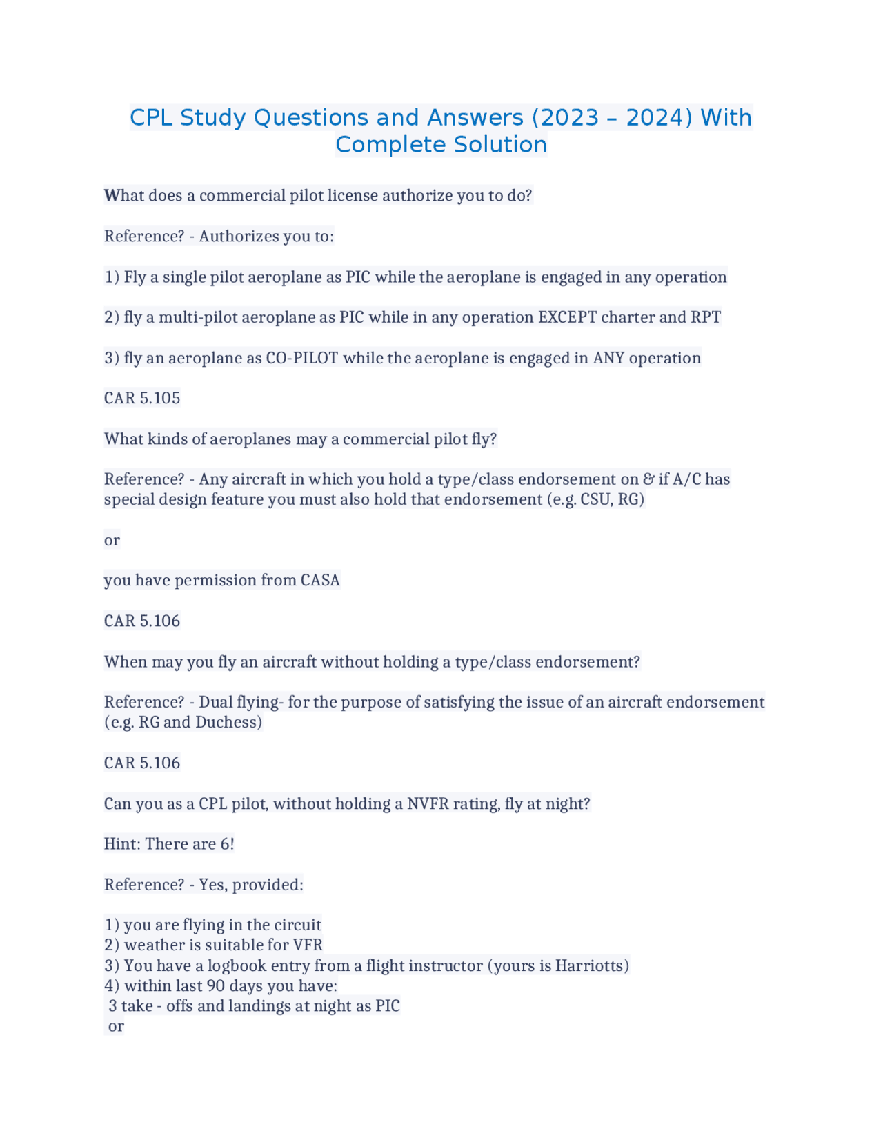 CPL Study Questions and Answers (2023 – 2024) With Complete Solution ...