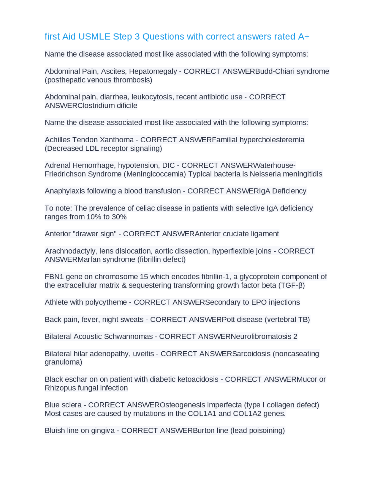 USMLE Step 3 First Aid Questions and Correct Answers on Various Medical ...