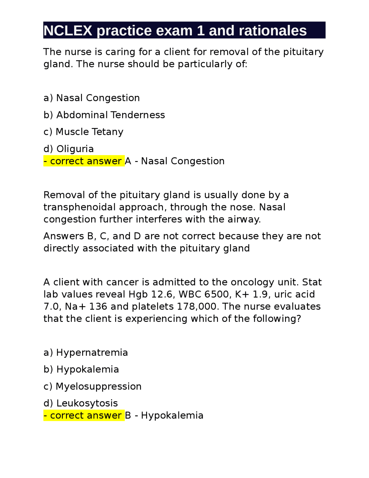 NCLEX Practice Exam 1: Nursing Questions and Rationales | Exams Nursing ...