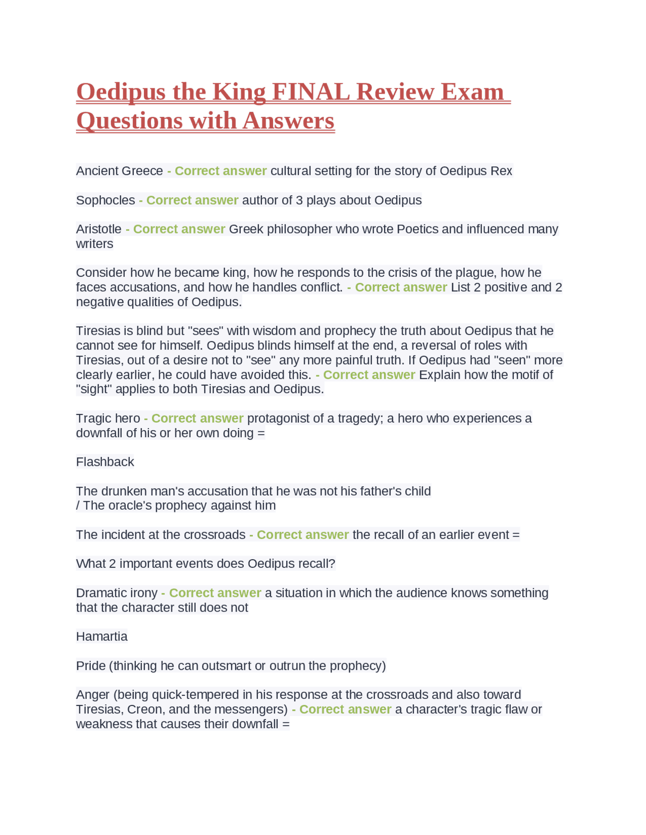 Oedipus Rex Exam Review: Questions and Answers | Exams Nursing | Docsity