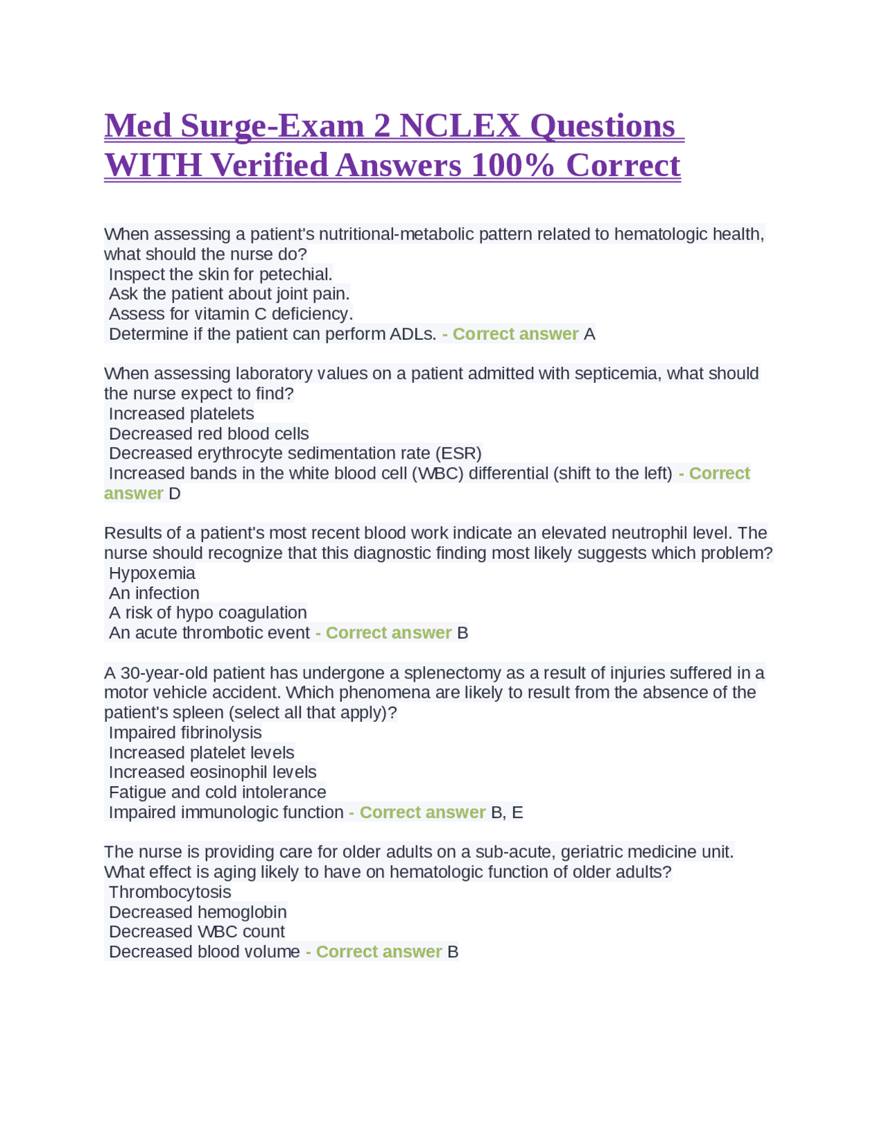 Med Surge-Exam 2 NCLEX Questions WITH Verified Answers 100% Correct ...