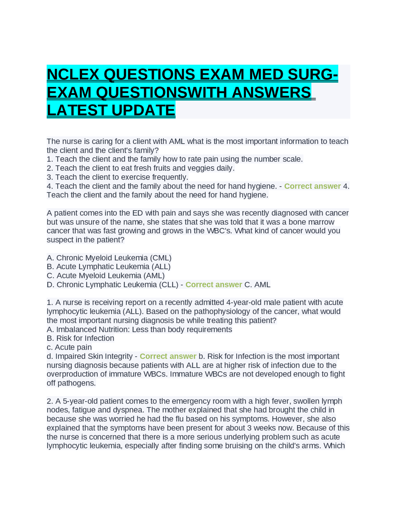 NCLEX Questions and Answers for Medical-Surgical Exam: Leukemia and ...