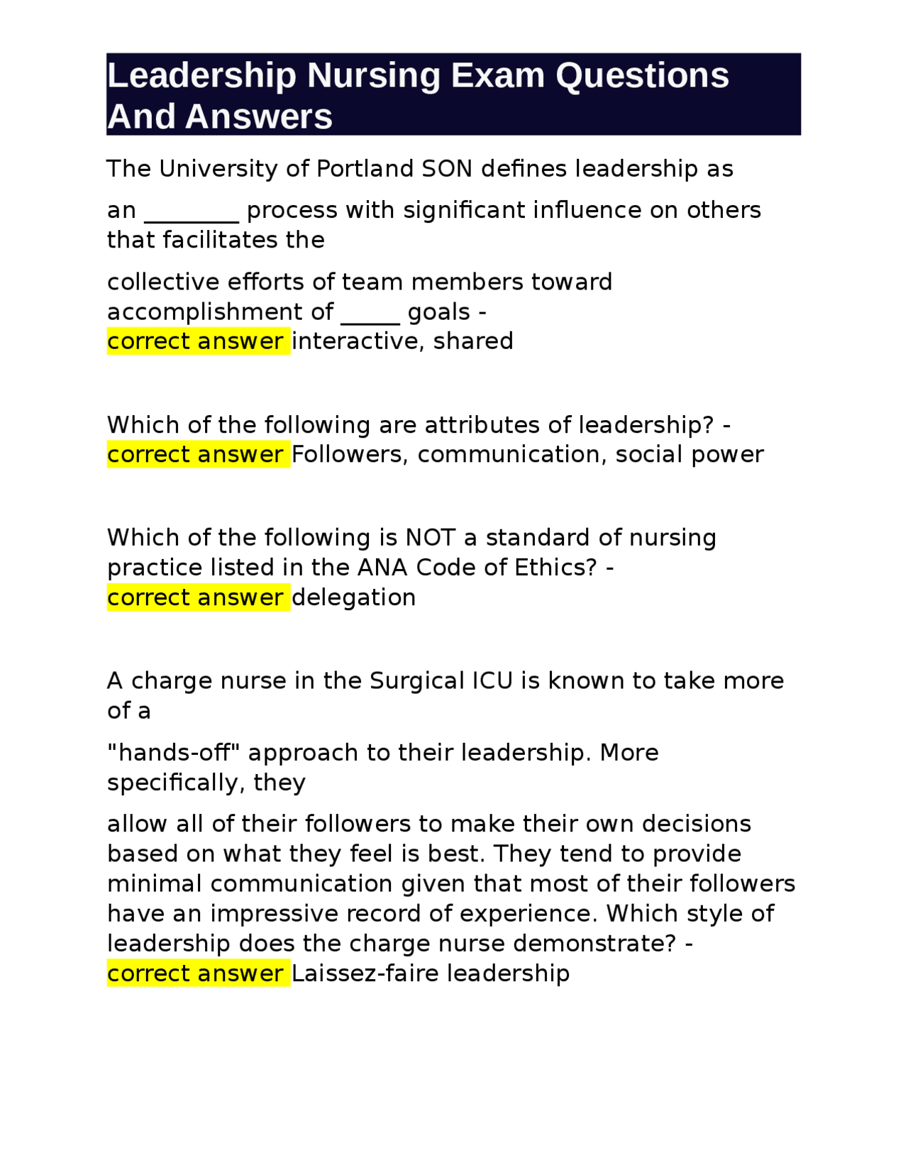 Leadership Nursing Exam Questions and Answers: Understanding Leadership ...