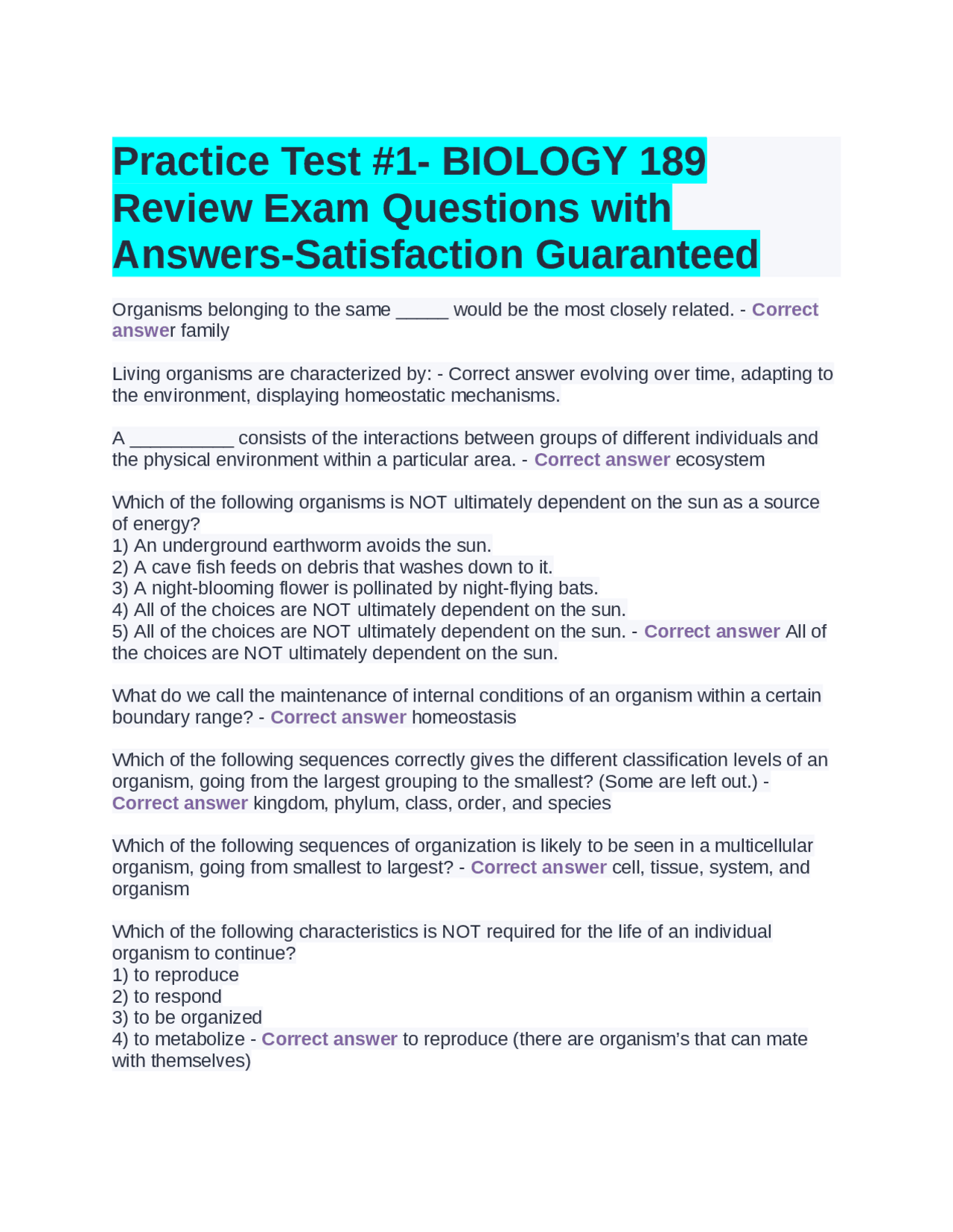 Biology: Characteristics of Organisms and Classification | Exams Biology | Docsity