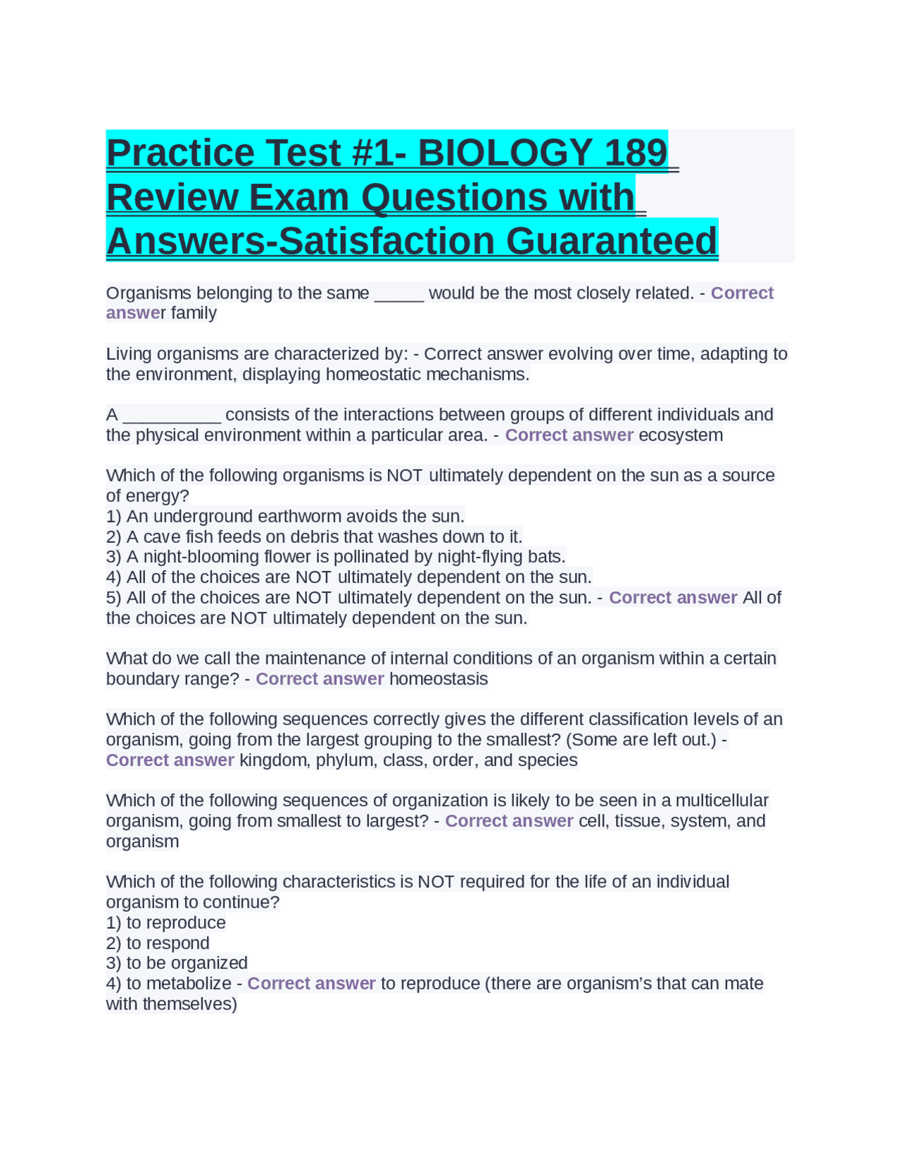 Biology: Characteristics of Organisms and Classification | Exams ...