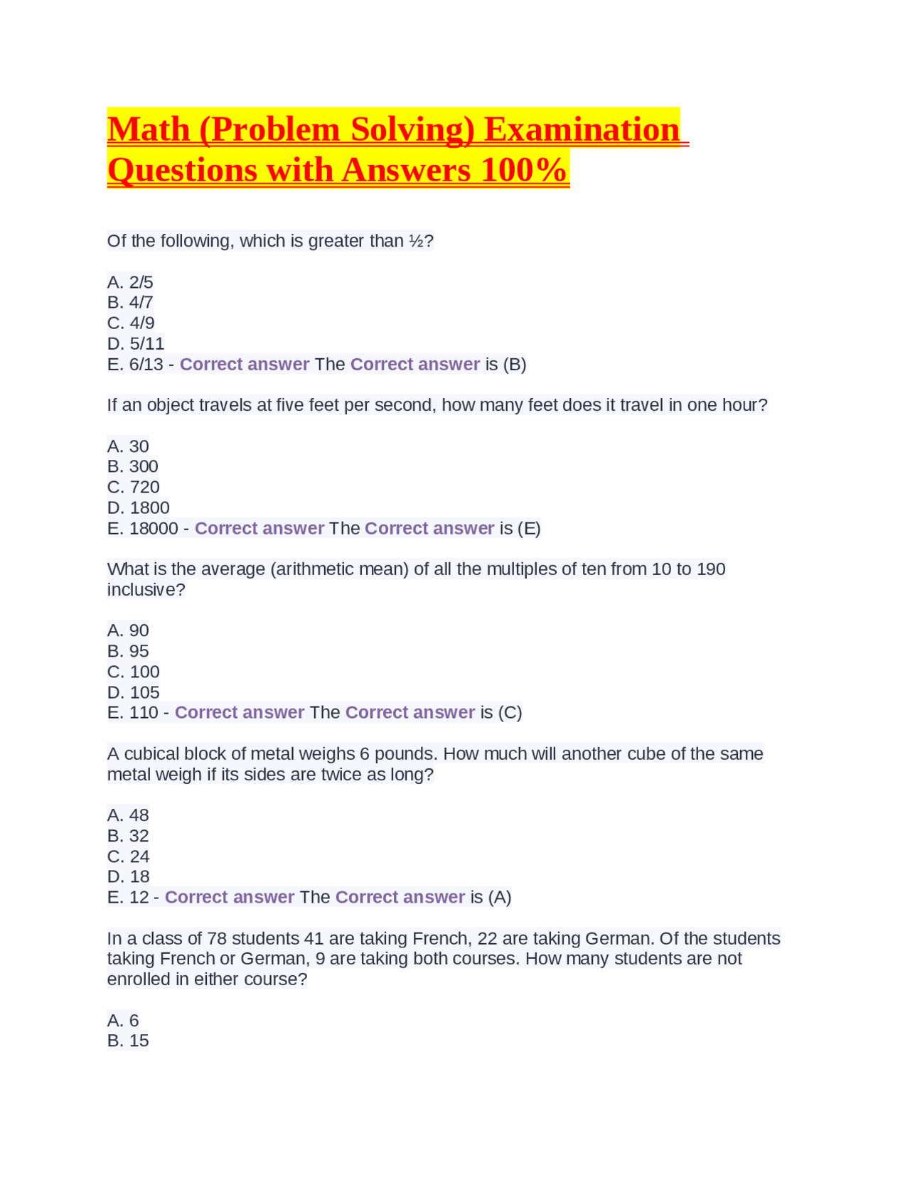 Math Examination: Problem Solving with Answers | Exams Mathematics | Docsity