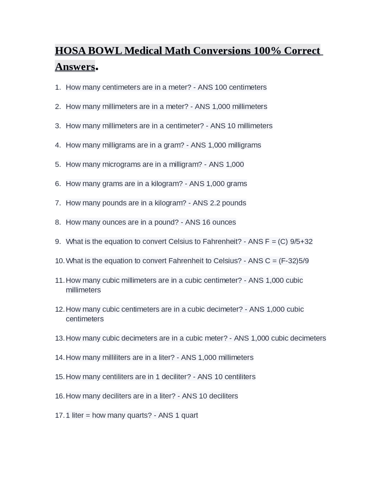 HOSA BOWL Medical Math Conversions 100% Correct Answers | Exams ...