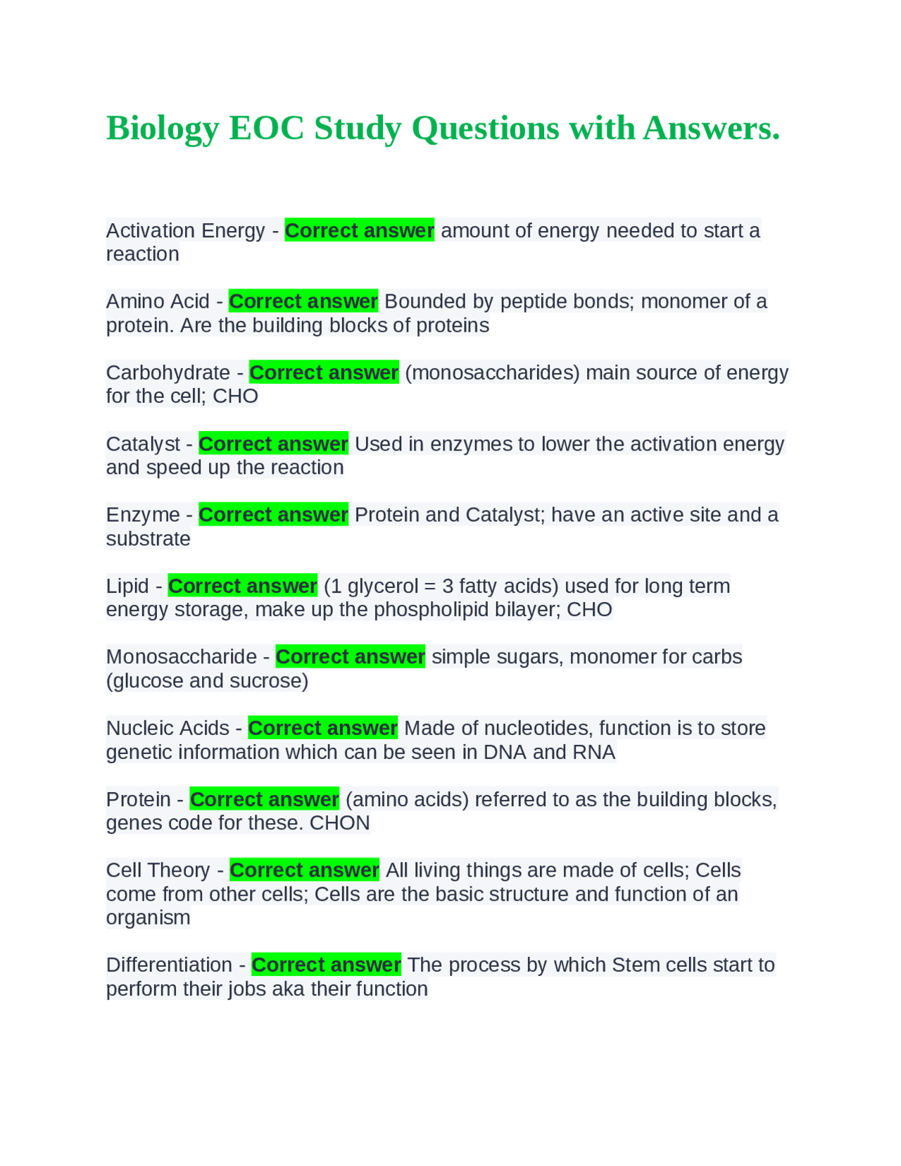 Cell Biology and Genetics: Key Concepts and Correct Answers | Exams ...