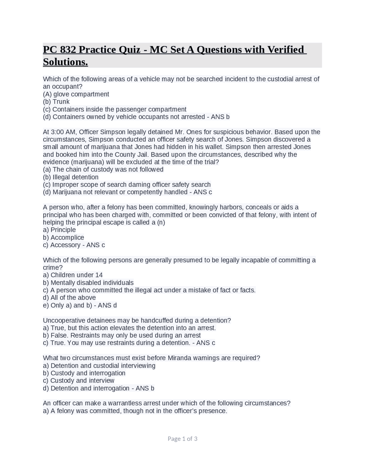 PC 832 Practice Quiz: Criminal Law and Search & Seizure Questions with ...