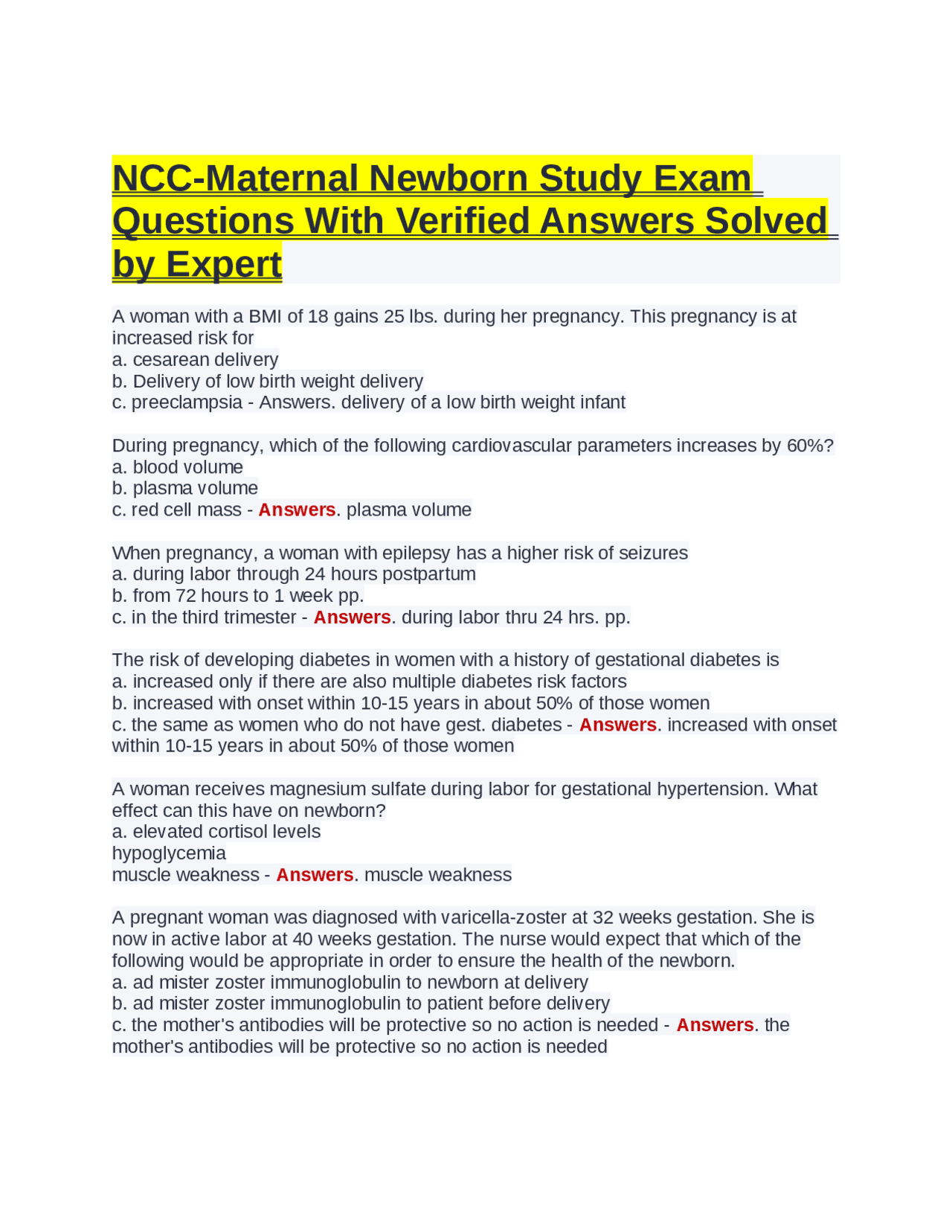 NCC-Maternal Newborn Study Exam Questions With Verified Answers Solved ...