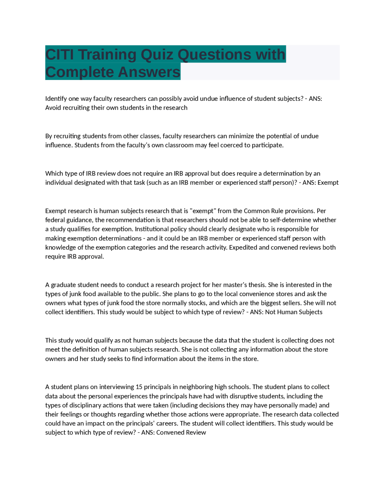 CITI Training Quiz Questions with Complete Answers | Exams Business ...