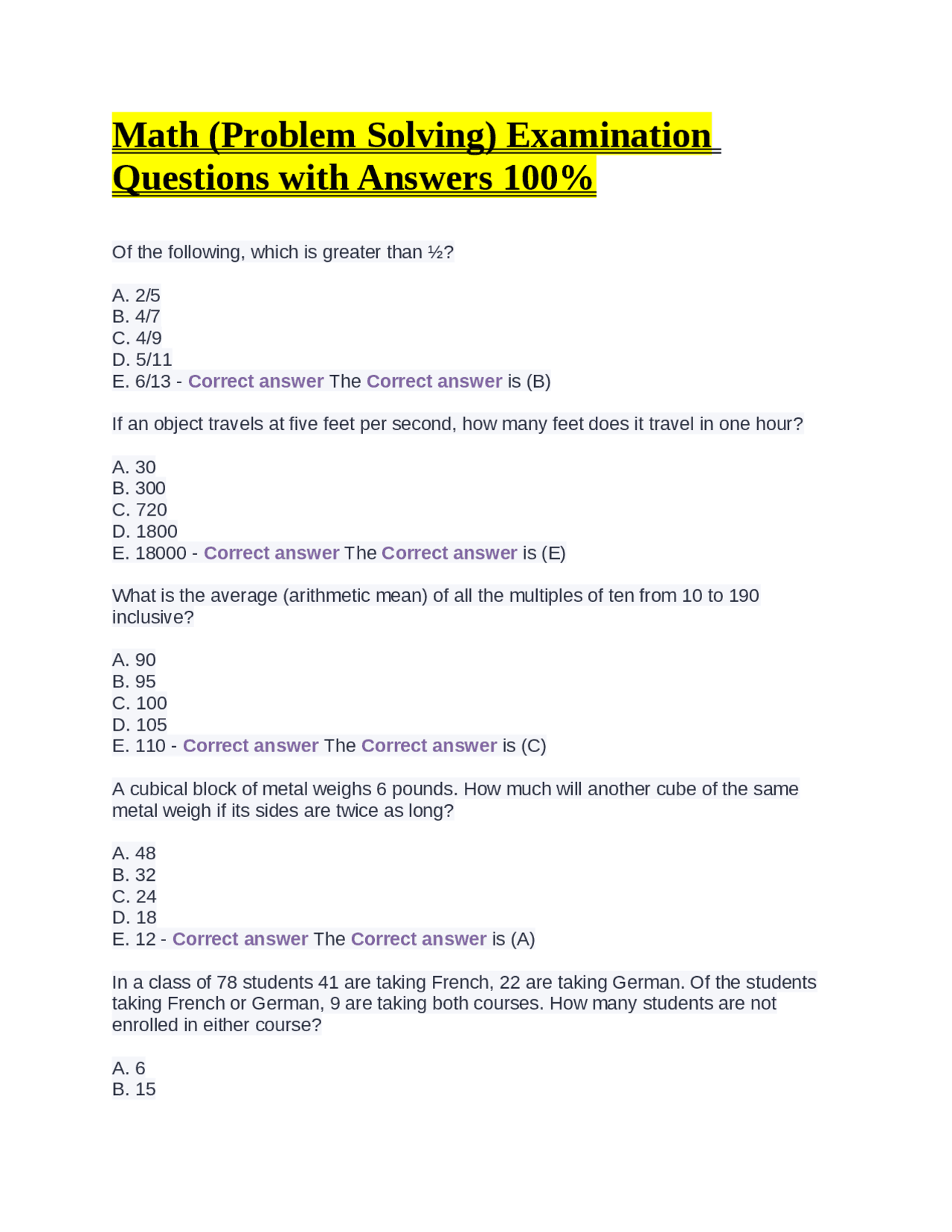Math Examination: Problem Solving with Answers | Exams Mathematics | Docsity