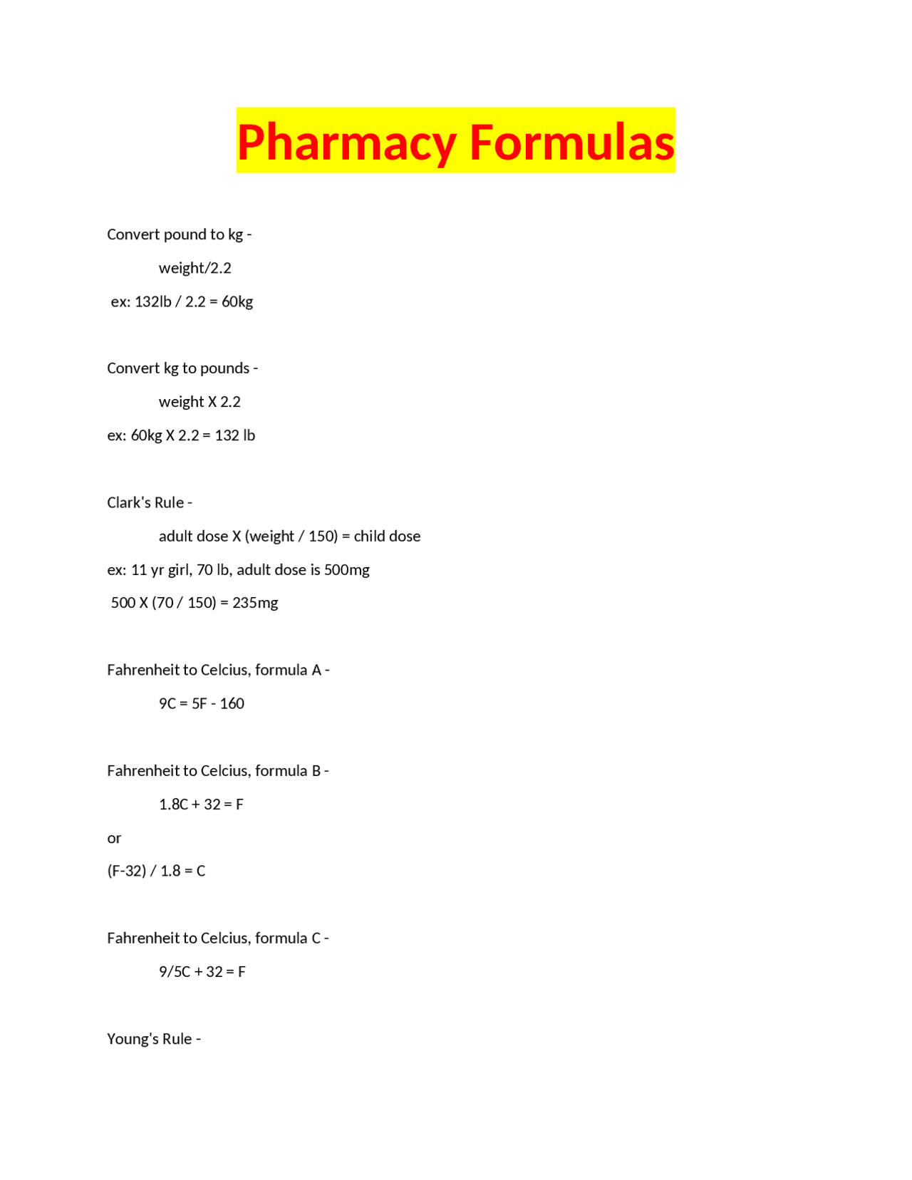 Pharmacy Formulas and Conversions | Exams Nursing | Docsity